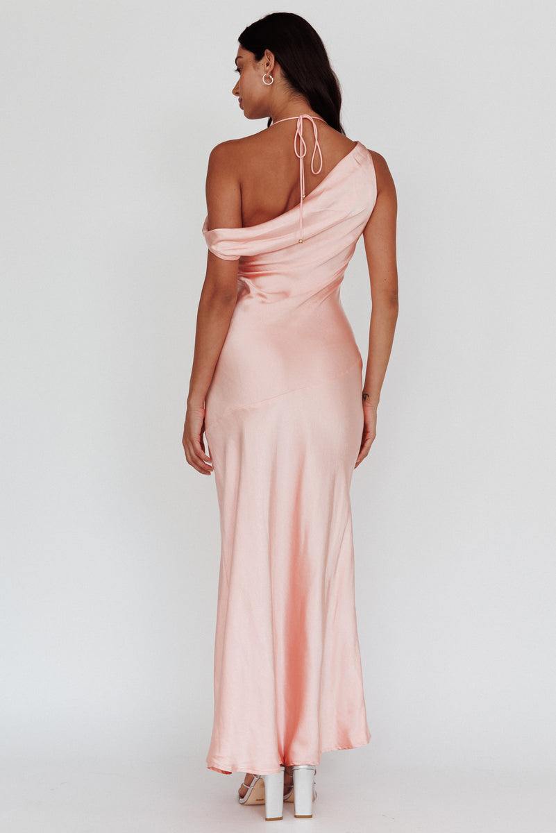 Shop the Etienne Off-Shoulder Halter Midi Dress Shimmer Pink