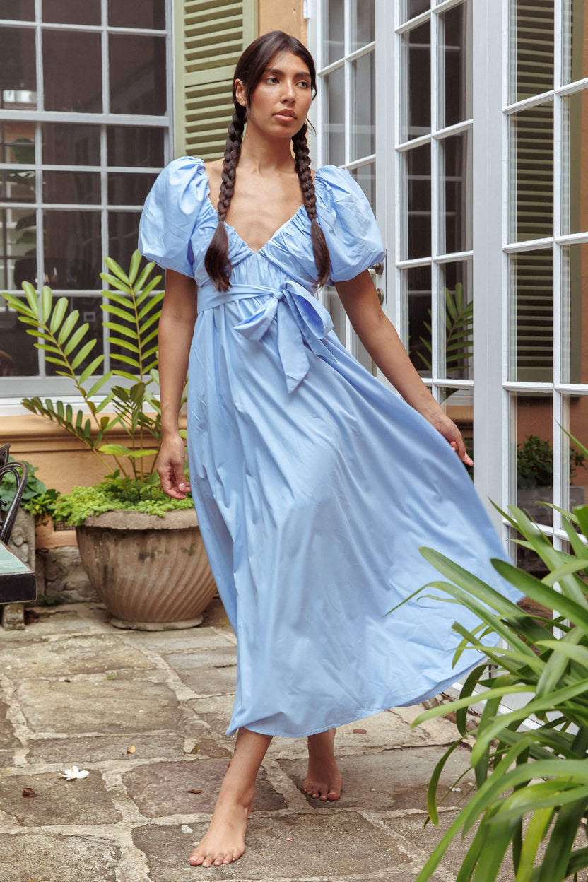 Mayflower Puff Sleeve Waist Tie Midi Dress Blue– Selfie Leslie