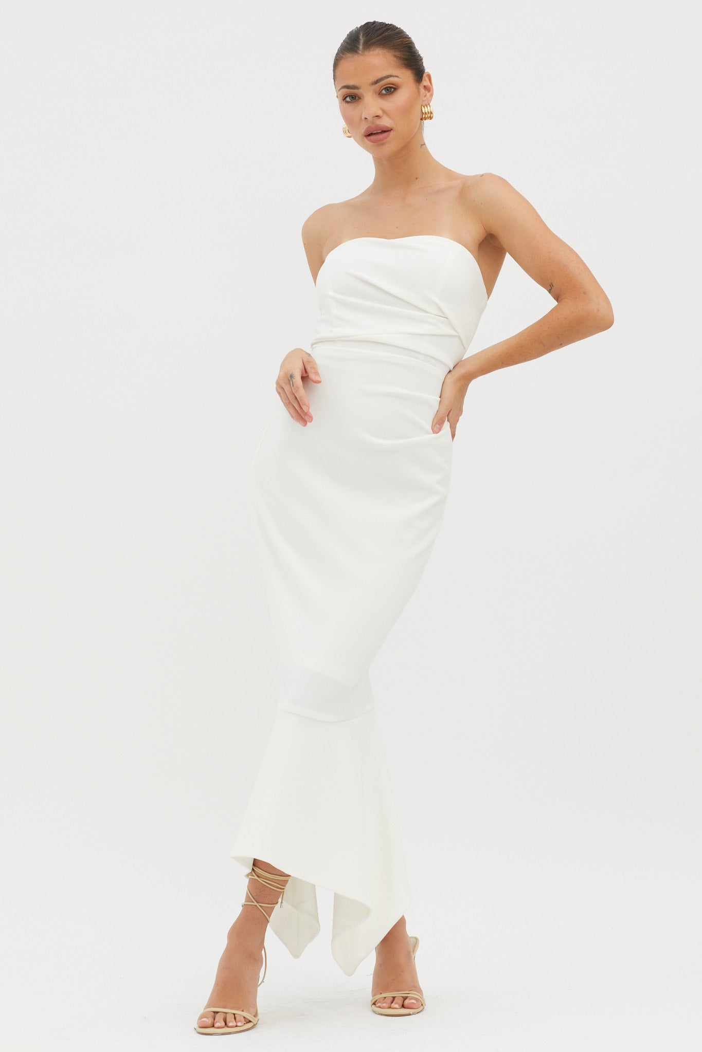 Shop the Sharona Strapless Gathered Midi Dress White