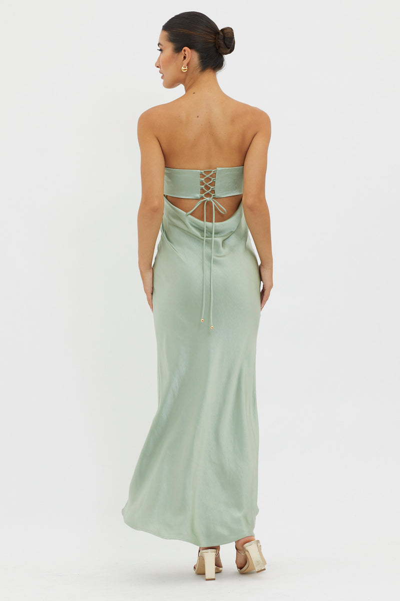 Shop the Moon Song Strapless Laced Back Dress Matcha | Selfie Leslie
