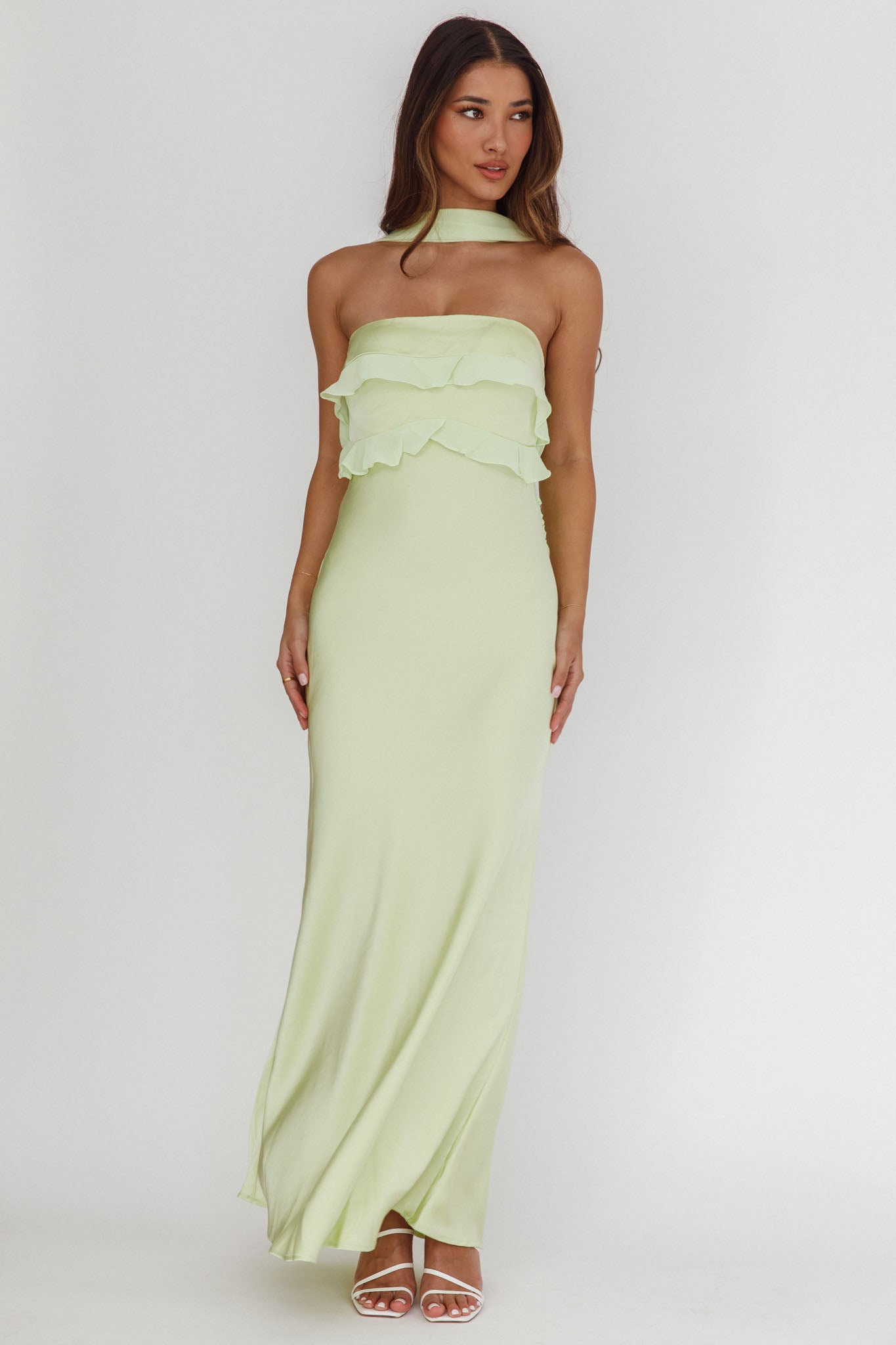 Damsel Reverse Halter Frill Trim Maxi Dress Sage | Selfie Leslie