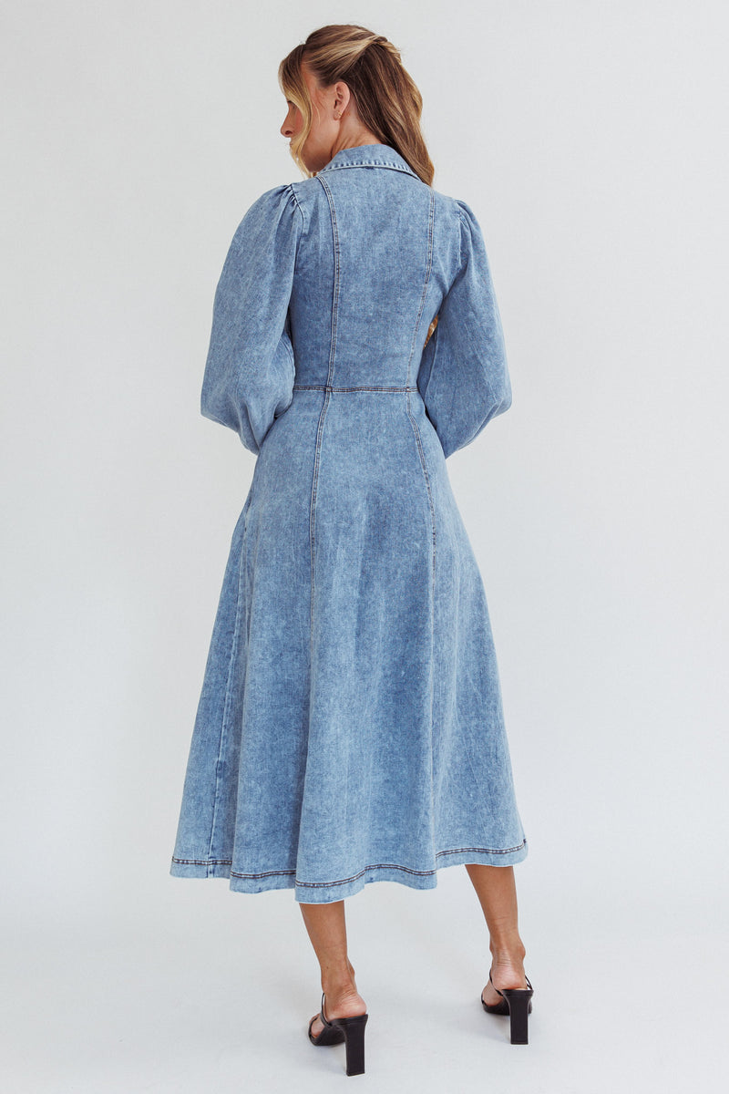 Shop the Ania Long Balloon Style Midi Dress Denim Blue