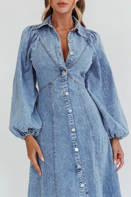 Shop the Ania Long Balloon Style Midi Dress Denim Blue | Selfie Leslie