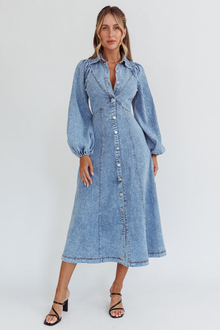 Shop the Ania Long Balloon Style Midi Dress Denim Blue | Selfie Leslie