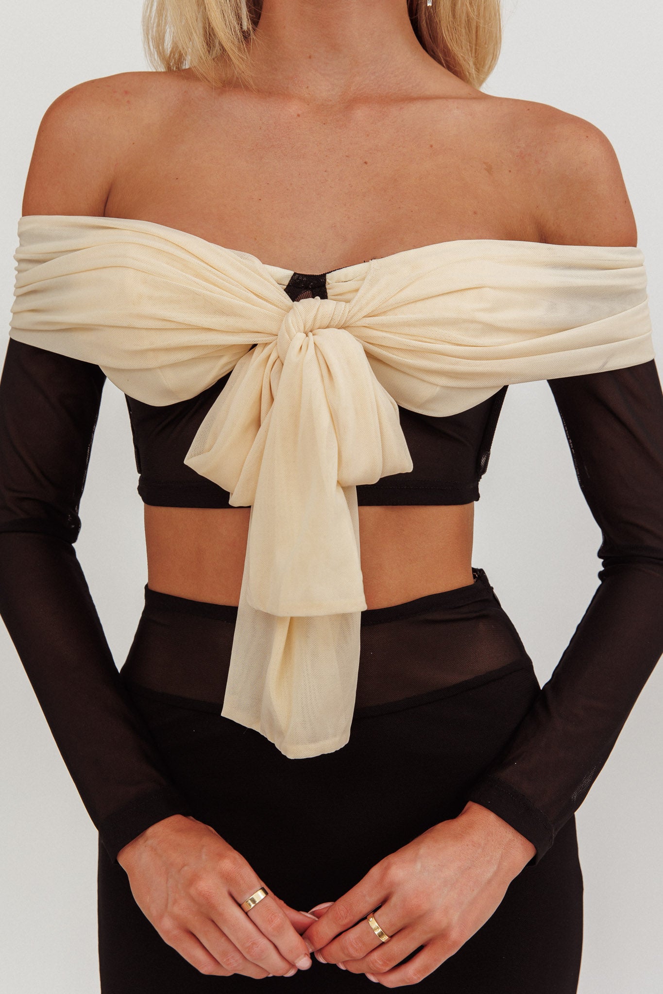 Shop the Perfect Worlds Off Shoulder Sheer Cropped Top Black