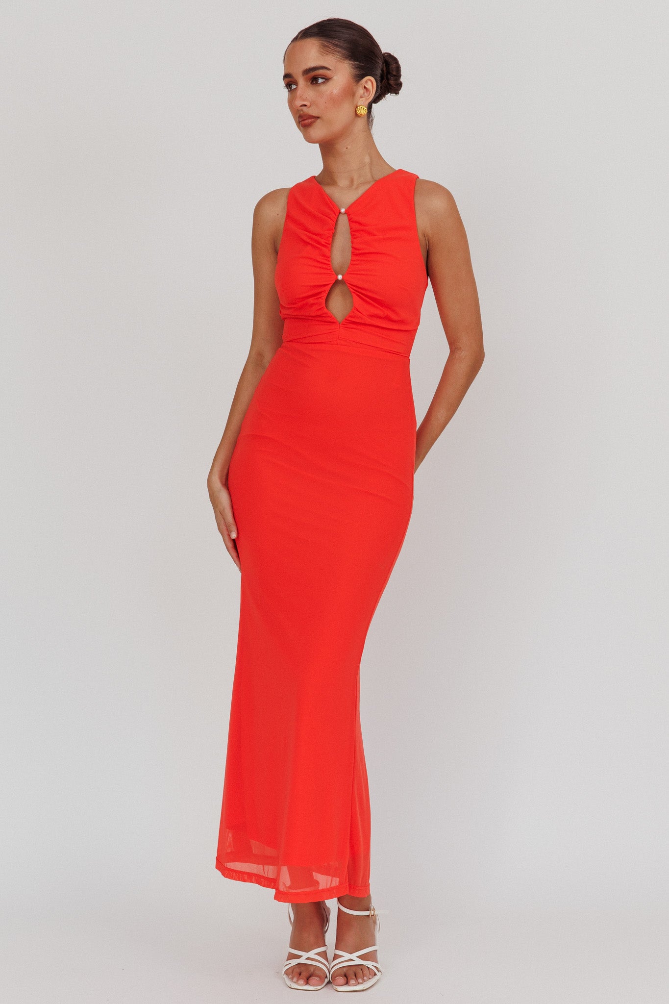 Shop the Piece Of Heaven Sleeveless Keyhole Mesh Maxi Dress Red
