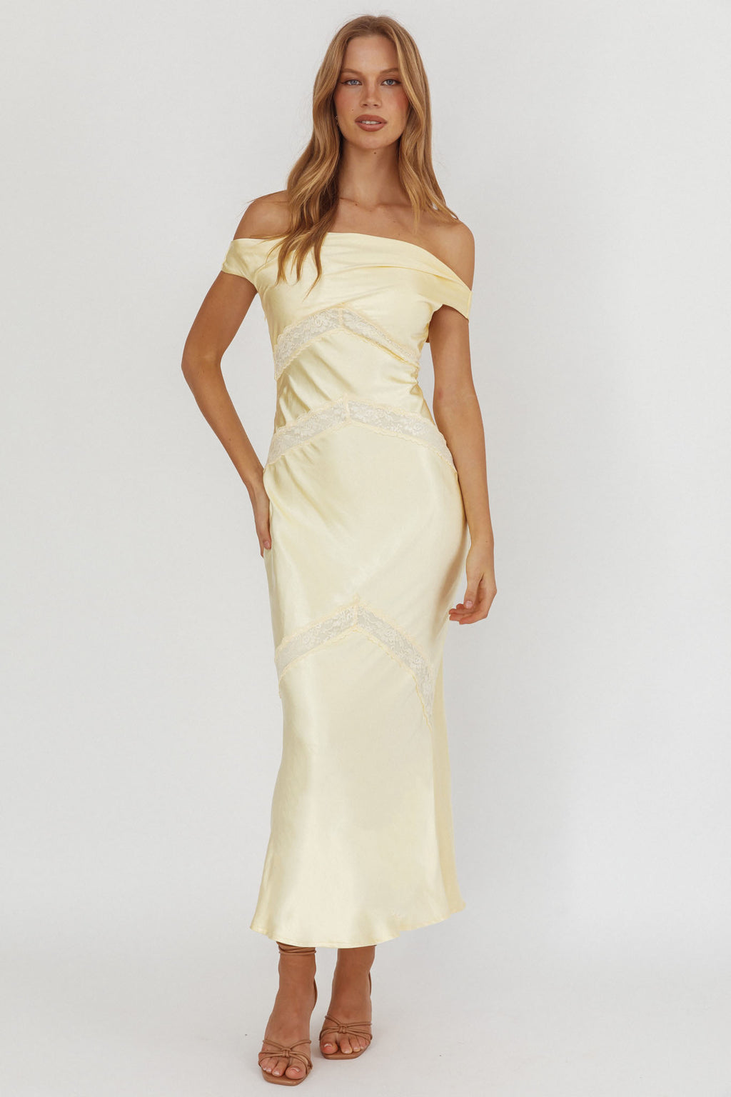 Revelation Off-Shoulder Lace Trim Maxi Dress Butter– Selfie Leslie