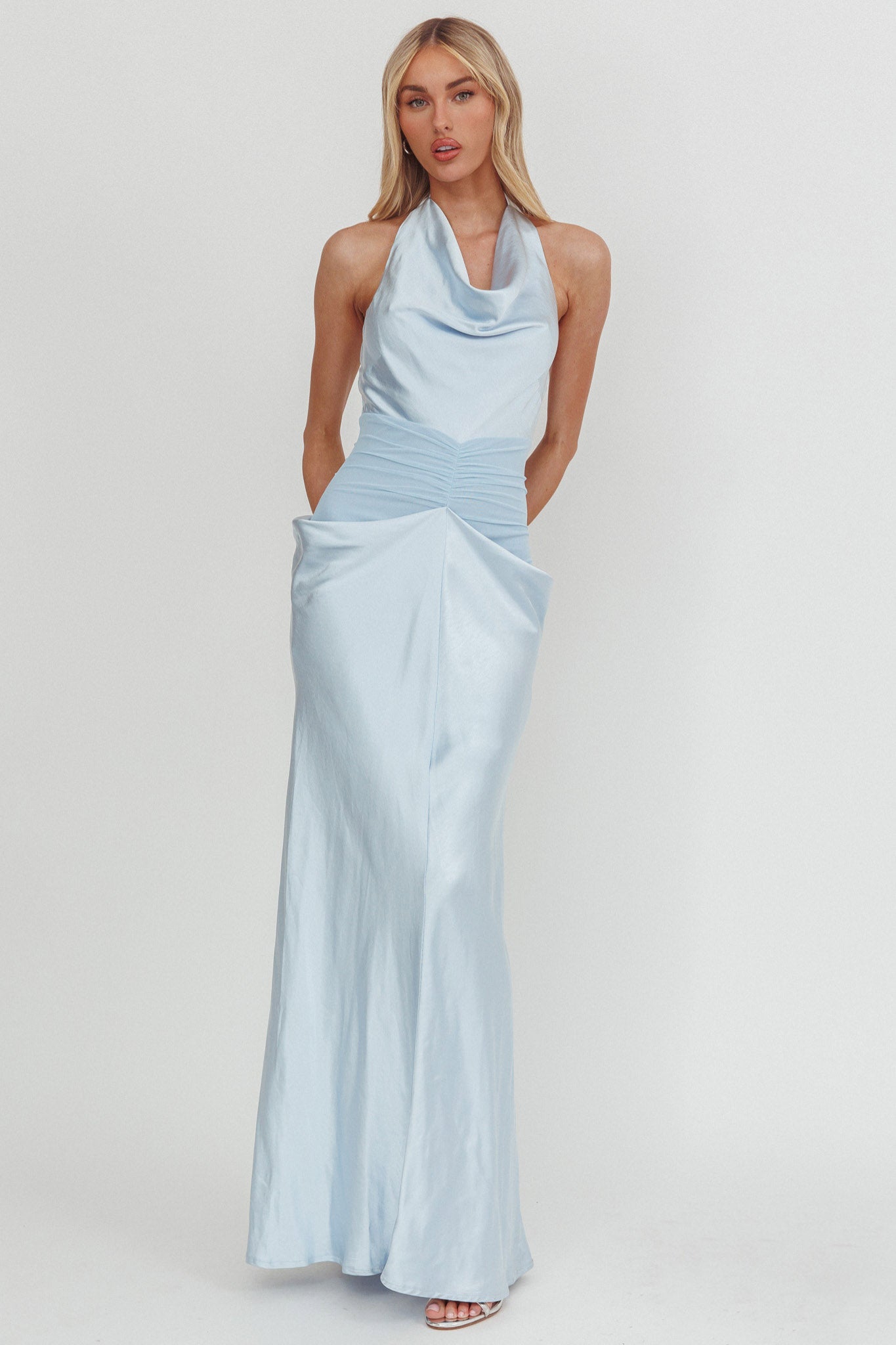 Shop the Zynthia Cowl Neck Ruched Waist Maxi Dress Ice Blue