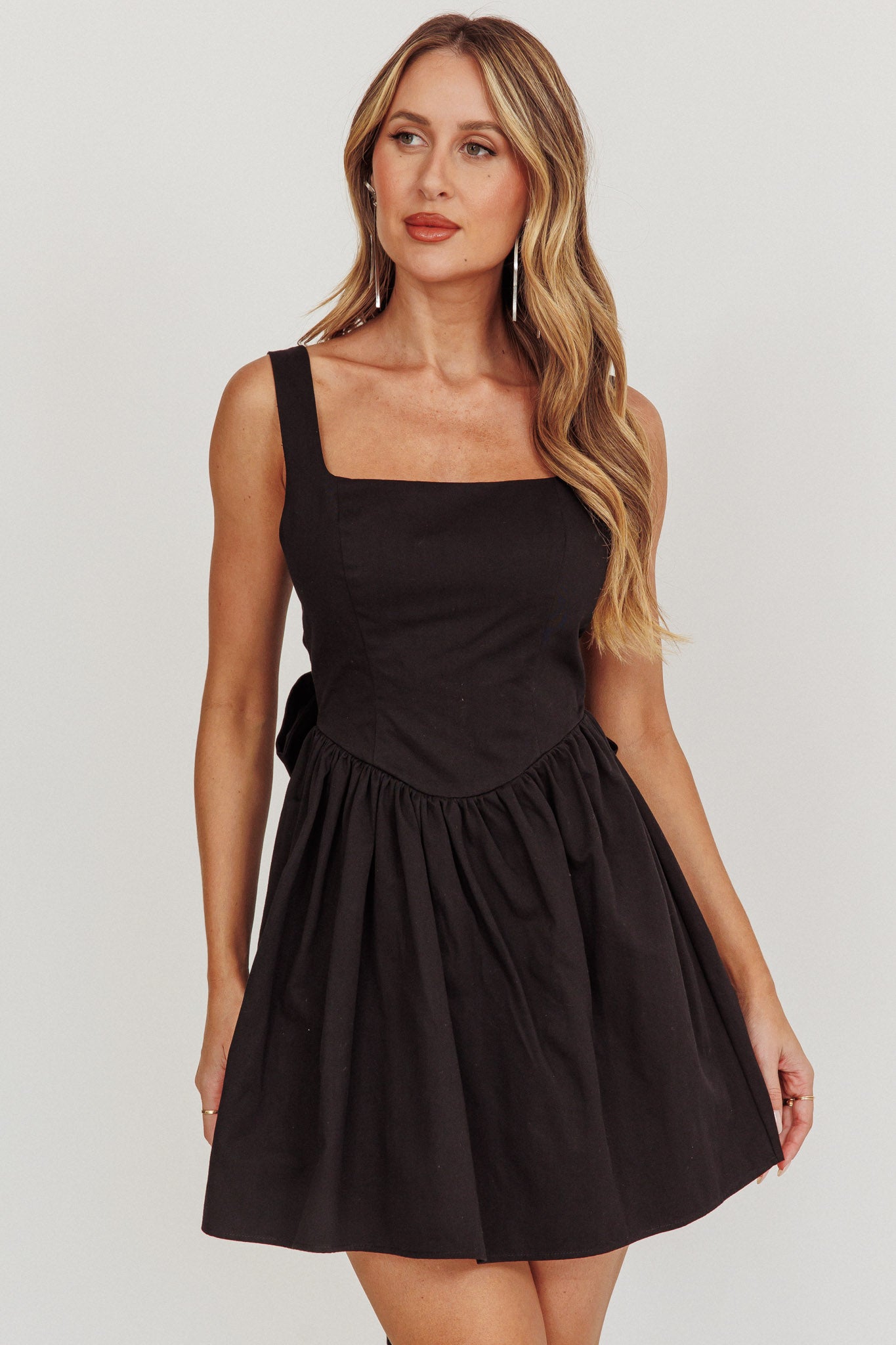 Irenic Bow Flare Mini Dress Black | Selfie Leslie