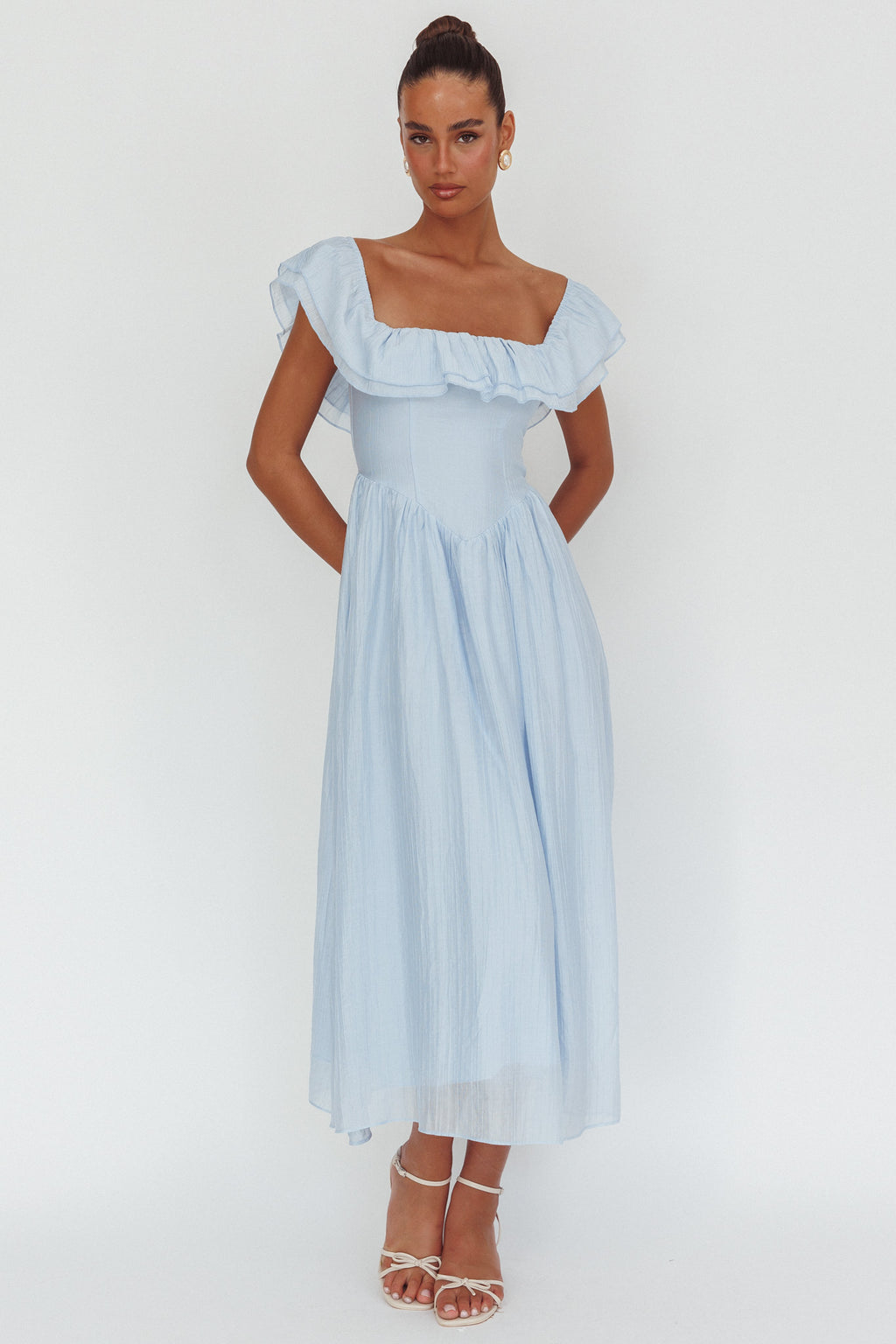 Shop the Serinah Basque Waist Off-Shoulder Maxi Dress Blue