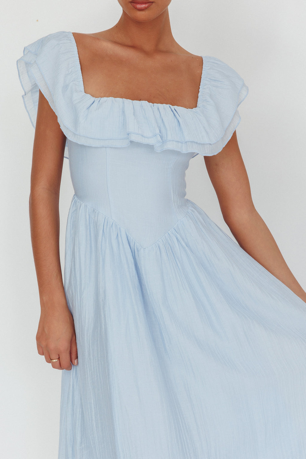 Shop the Serinah Basque Waist Off-Shoulder Maxi Dress Blue