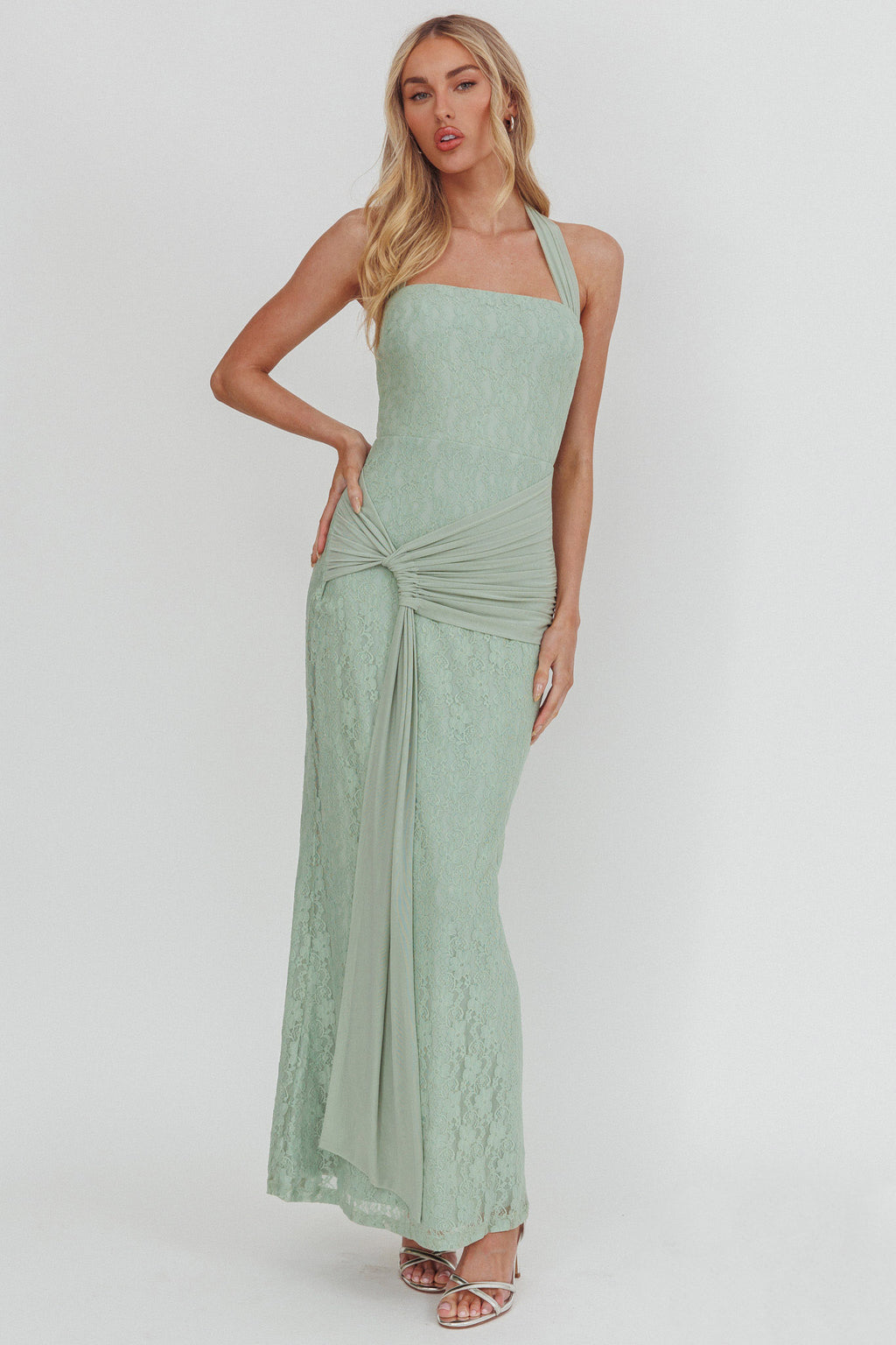 Luli Waist Sash Halter Maxi Dress Lace Sage | Selfie Leslie