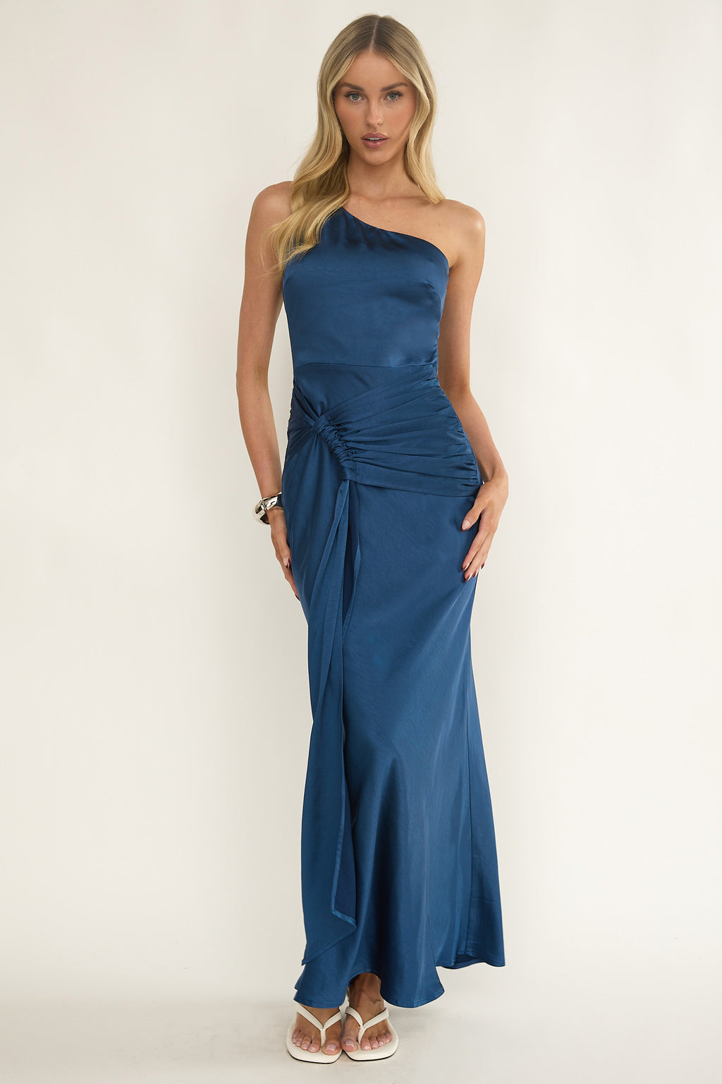 Luli One-Shoulder Waist Sash Maxi Dress Navy | Selfie Leslie