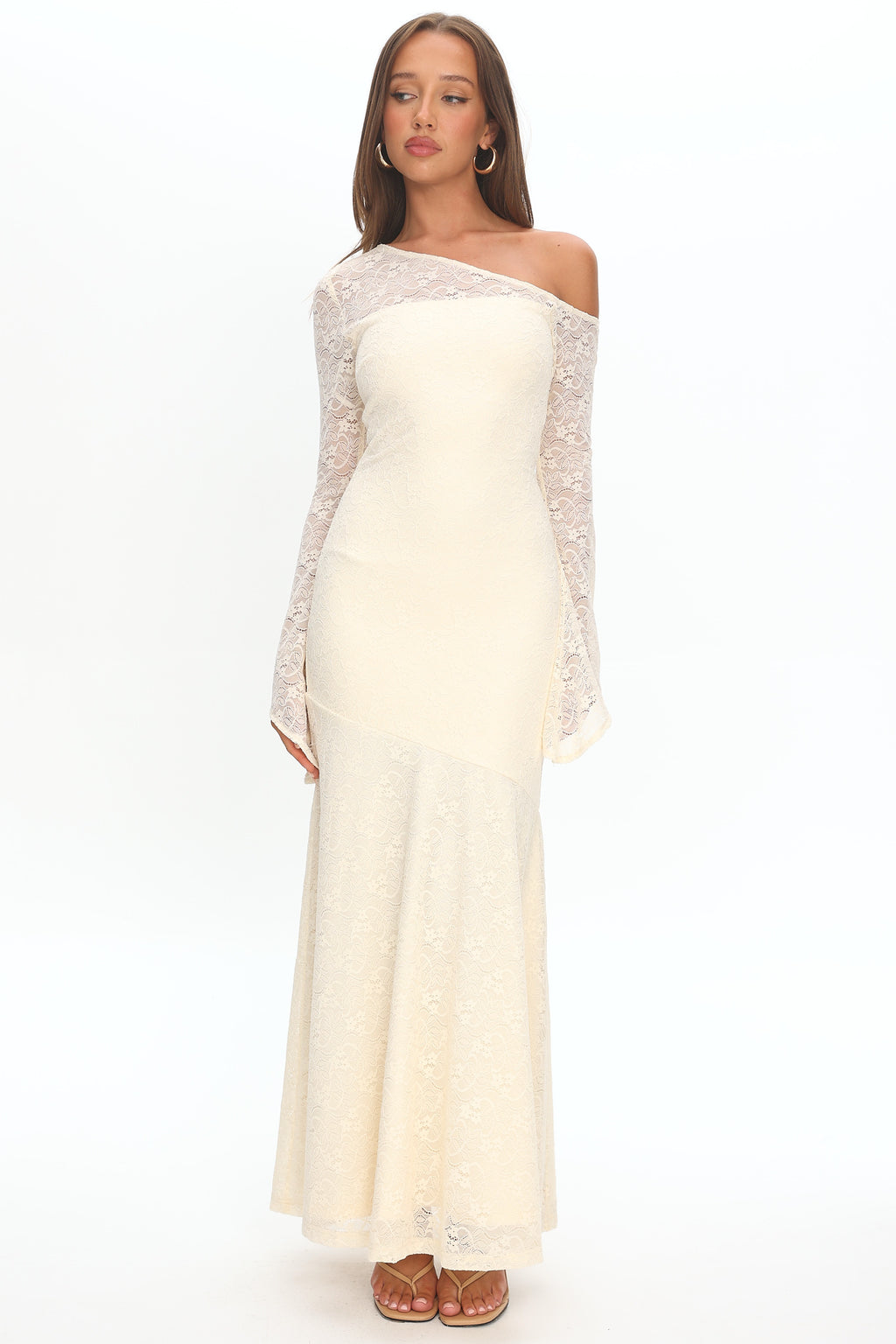 Lylah Asymmetric Neckline Long Sleeve Maxi Dress Lace Butter– Selfie Leslie