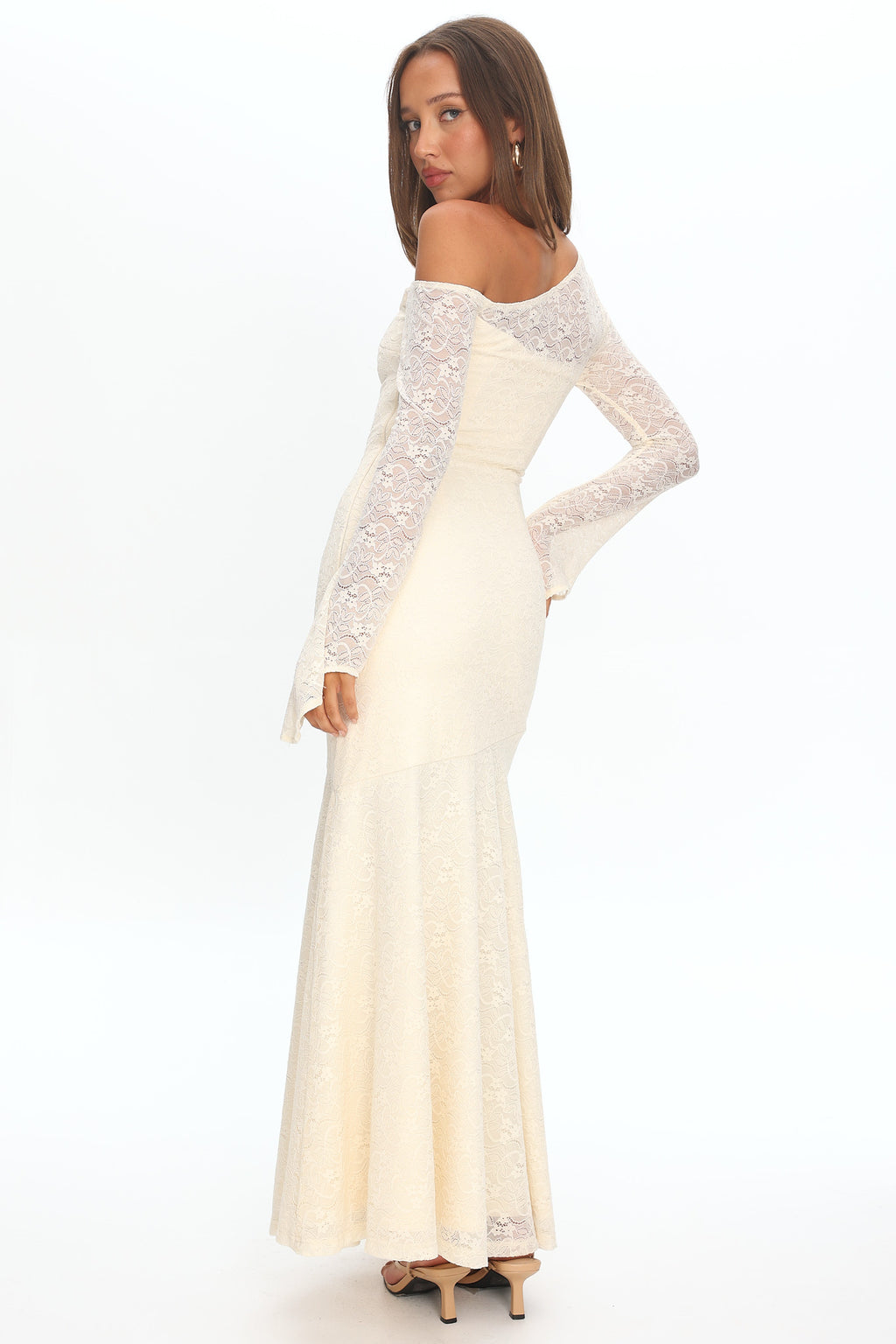 Lylah Asymmetric Neckline Long Sleeve Maxi Dress Lace Butter– Selfie Leslie