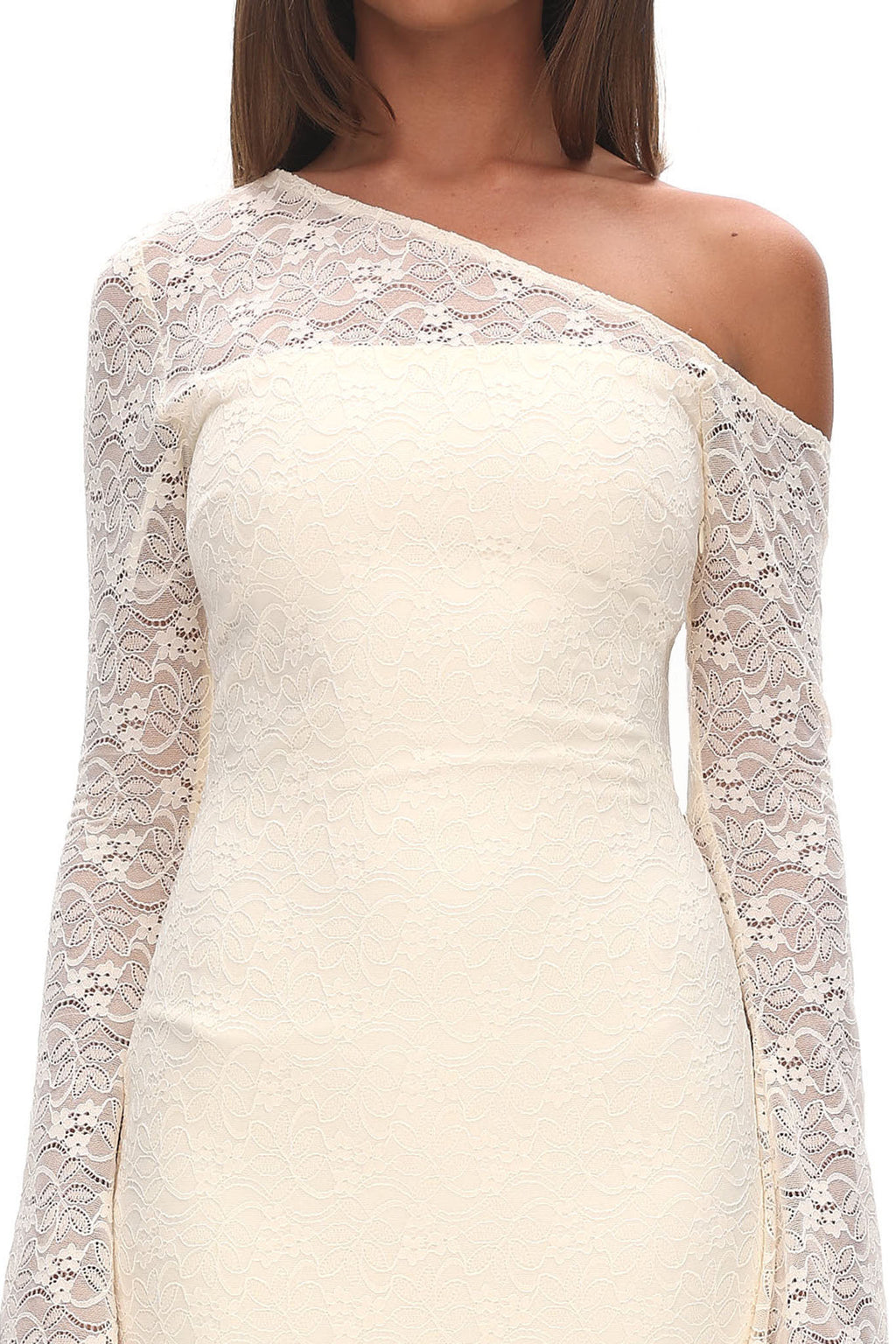 Lylah Asymmetric Neckline Long Sleeve Maxi Dress Lace Butter– Selfie Leslie
