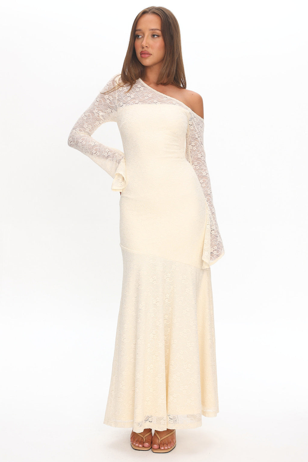 Lylah Asymmetric Neckline Long Sleeve Maxi Dress Lace Butter– Selfie Leslie