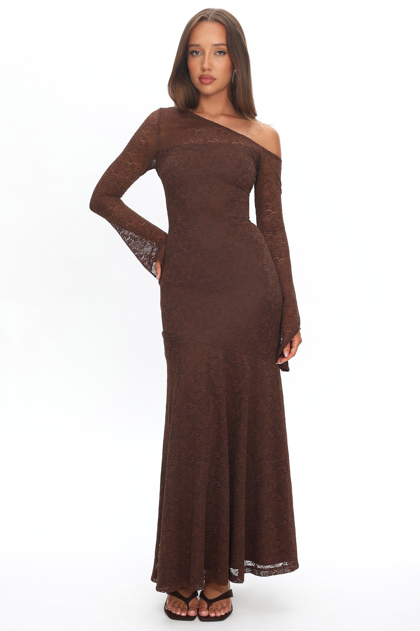 Lylah Asymmetric Neckline Long Sleeve Maxi Dress Lace Chocolate– Selfie ...