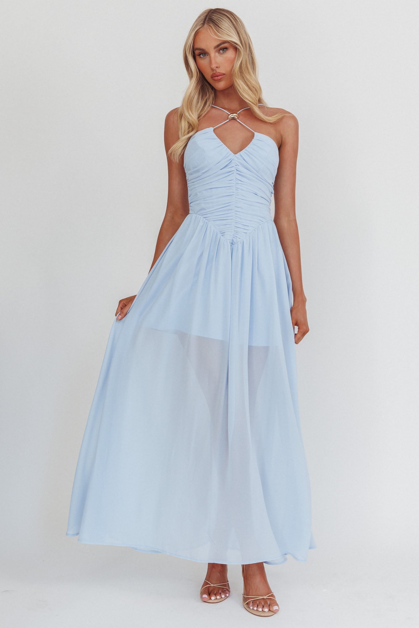 The Dreamers Ruched Basque Waist Maxi Dress Blue– Selfie Leslie