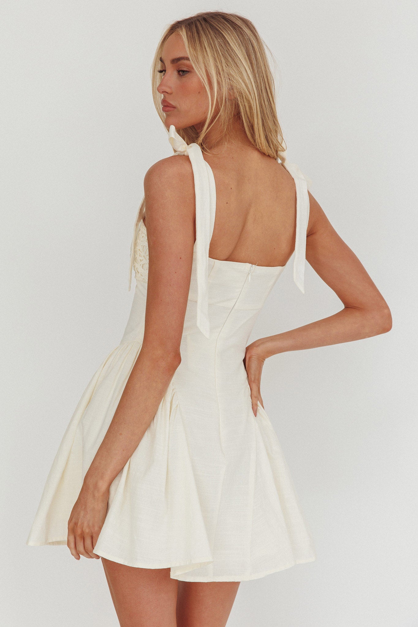 Shop the Morgana Tied Shoulder Applique Mini Dress White