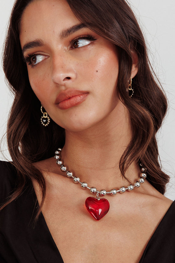 Shop the Lee Silver Bead Large Heart Necklace Red