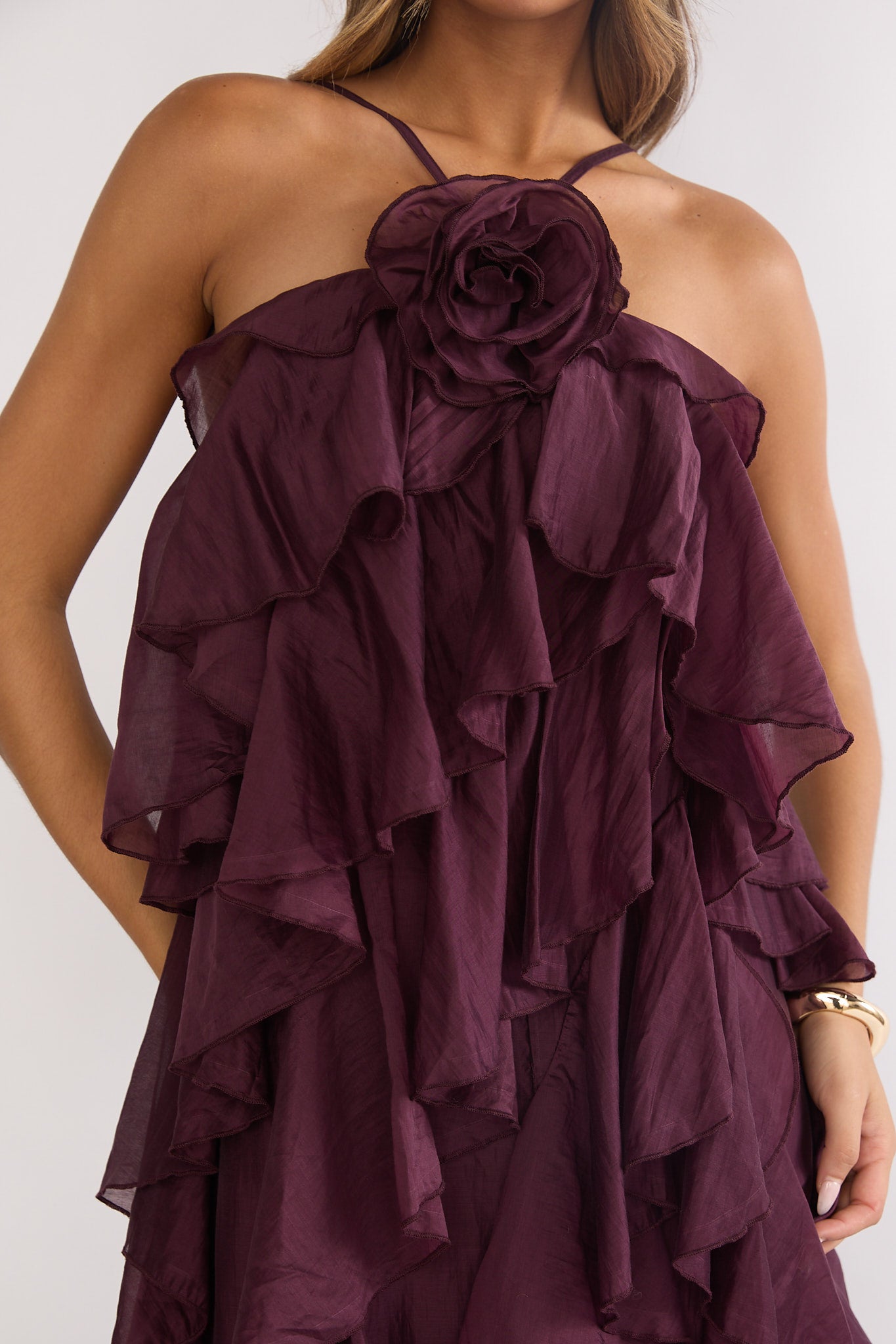 Shop the Secret Rendezvous Layered Ruffle Maxi Dress Maroon