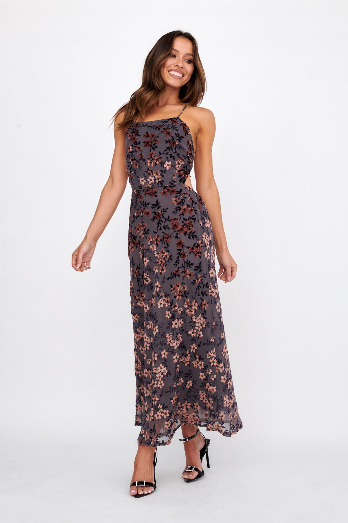Alexandria Open Back Velour Floral Midi Dress Black/Orange– Selfie Leslie