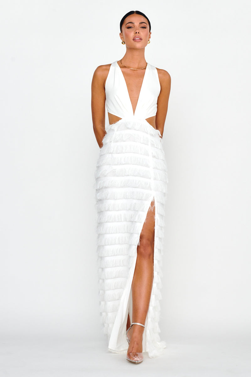 Shop the Bold Move Fringe Trim Maxi Dress Ivory