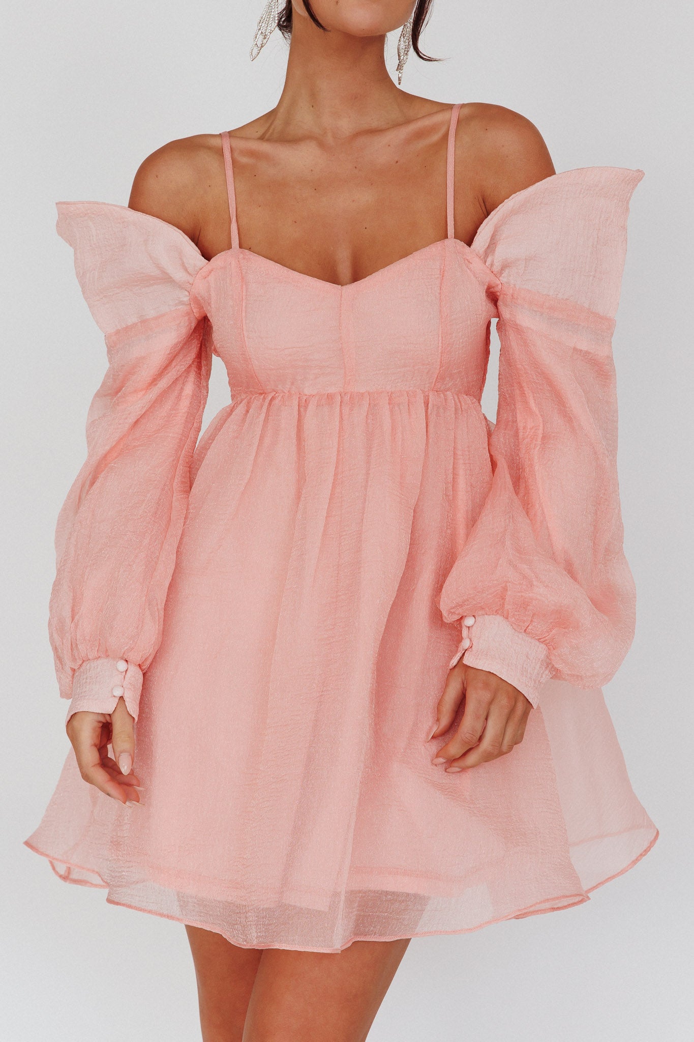 Shop the Yasi Long Sleeve Babydoll Mini Dress Peach | Selfie Leslie