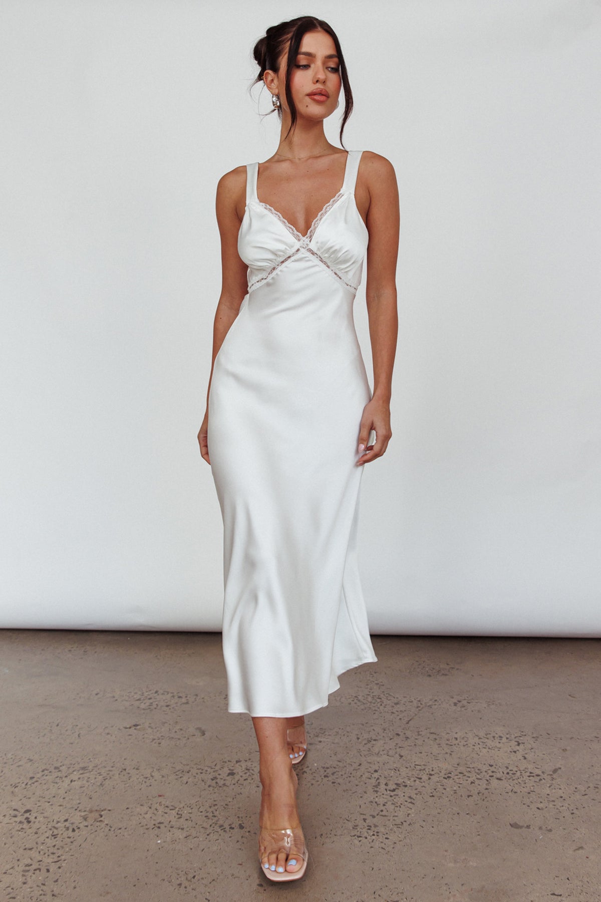 Nyah Lace Trim Midi Dress Off White– Selfie Leslie
