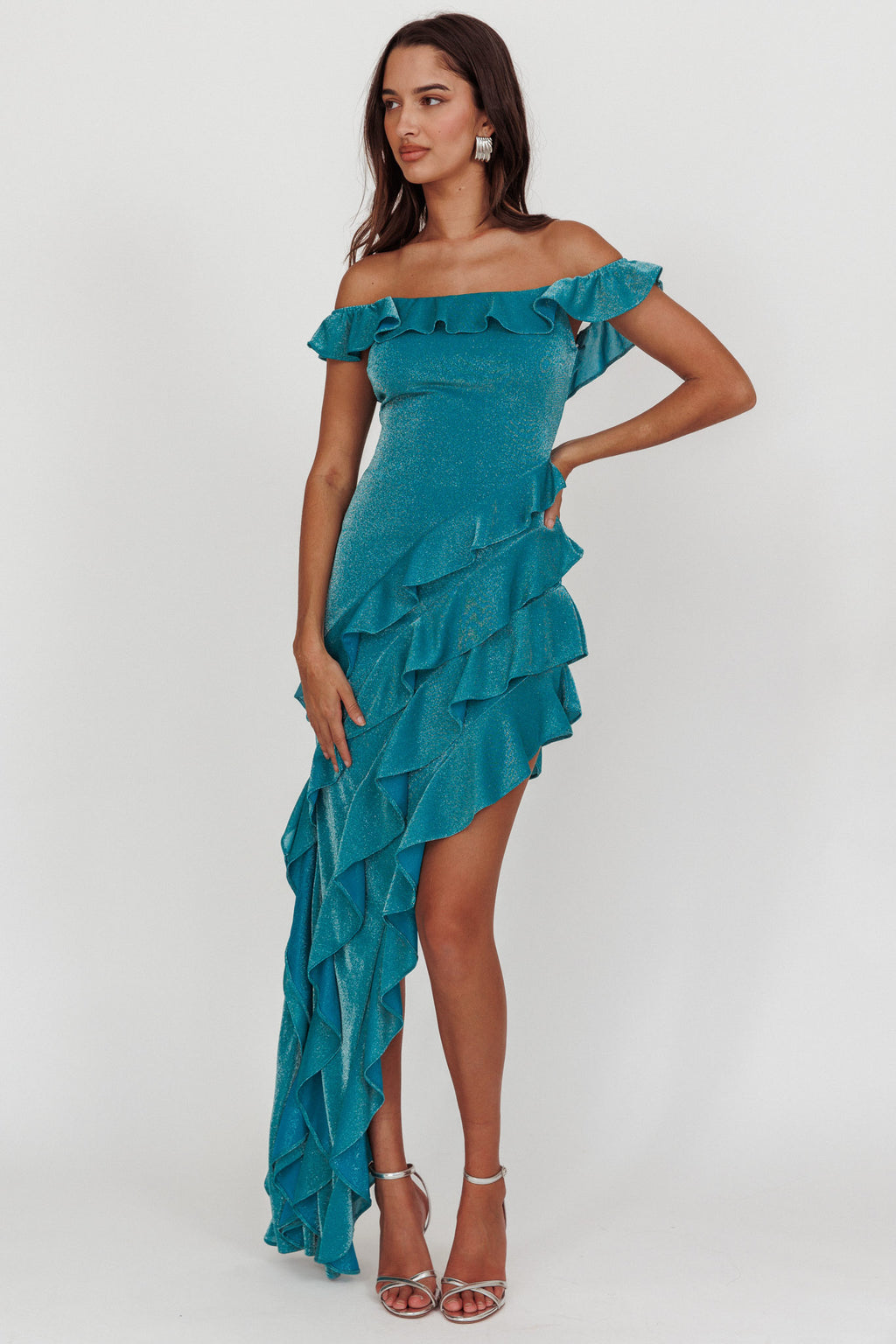 So Into You Off Shoulder Glitter Ruffle Dress Jade– Selfie Leslie
