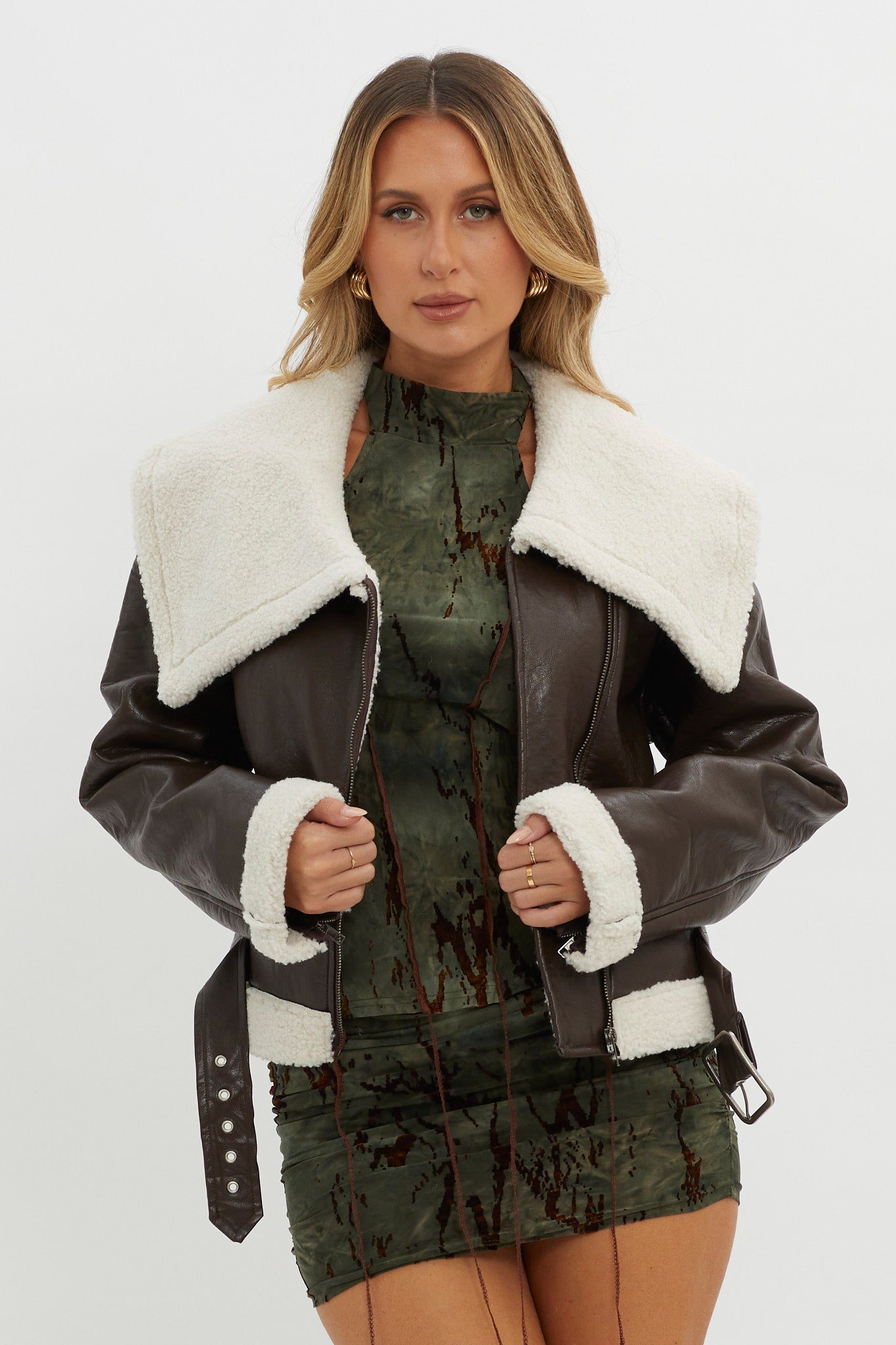 Shop the Aviatrix Faux Leather Sherpa Jacket Brown
