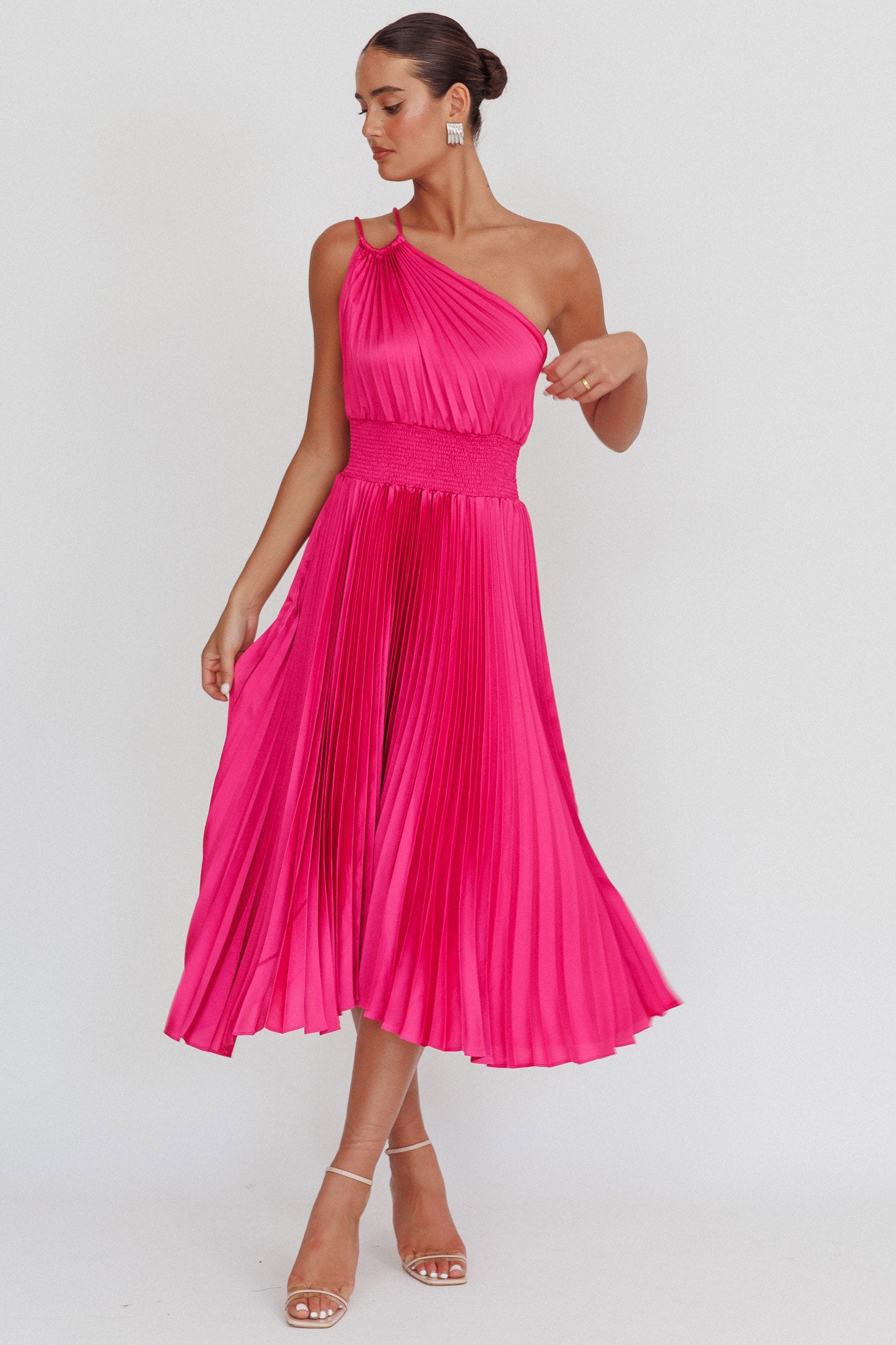 Shop the Calissa One Shoulder Pleated Midi Dress Magenta