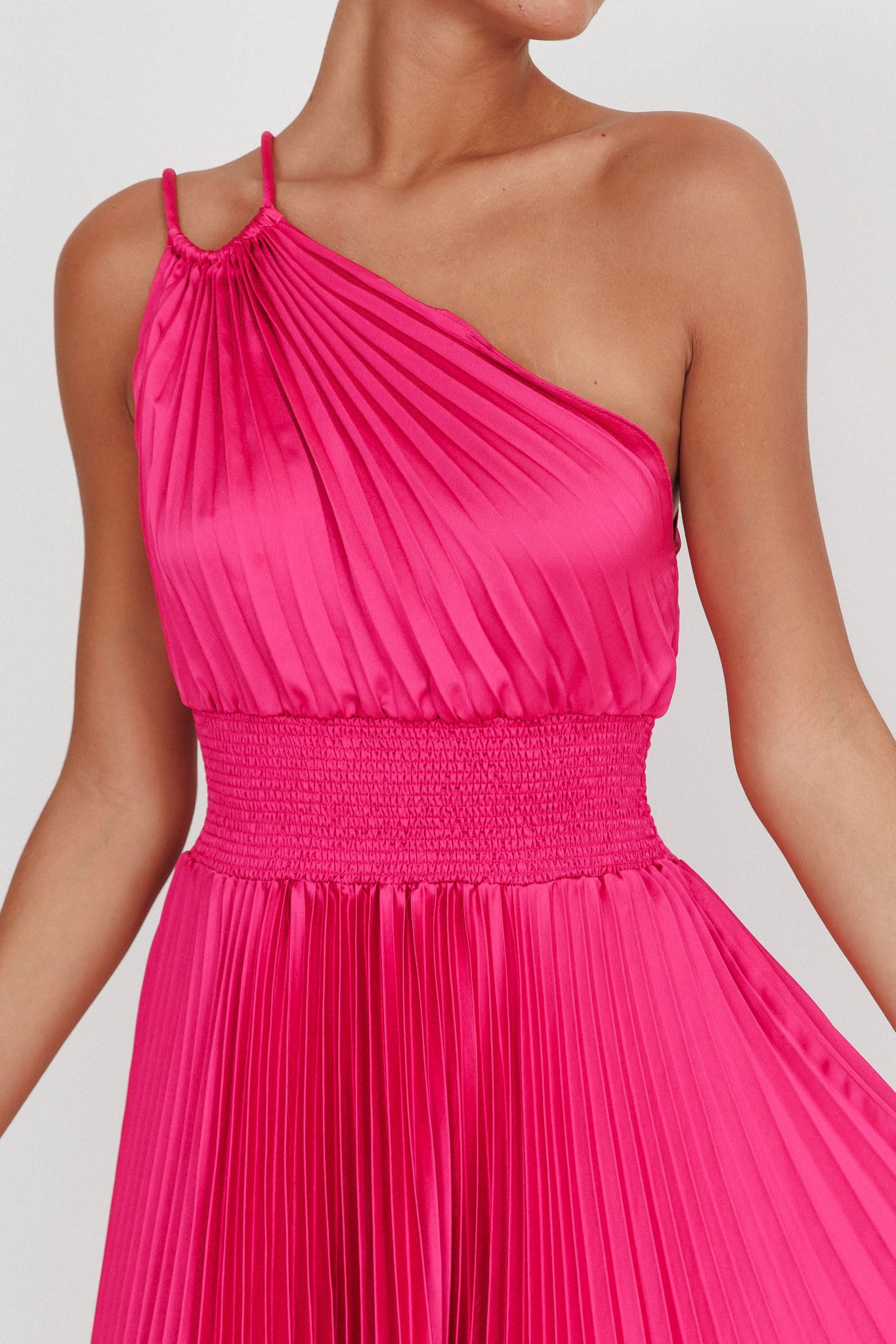 Shop the Calissa One Shoulder Pleated Midi Dress Magenta