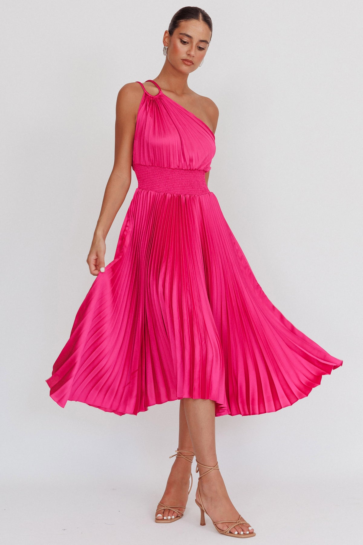 Calissa One Shoulder Pleated Midi Dress Magenta– Selfie Leslie