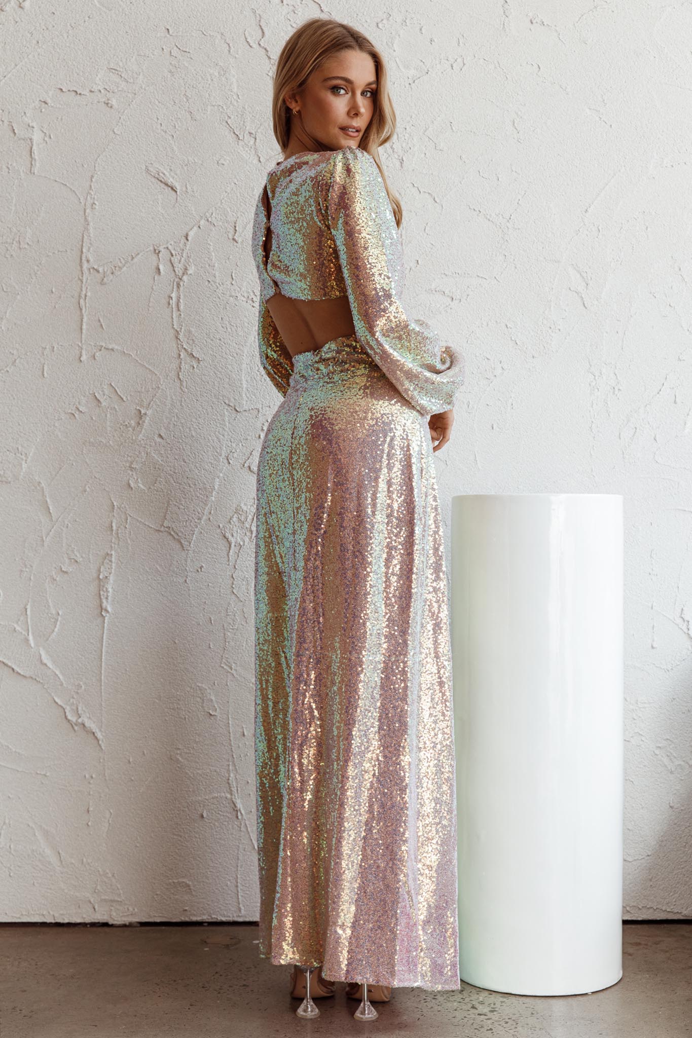 Shop the Inna Long Sleeve Cut-Out Maxi Dress Sequin Rose Gold