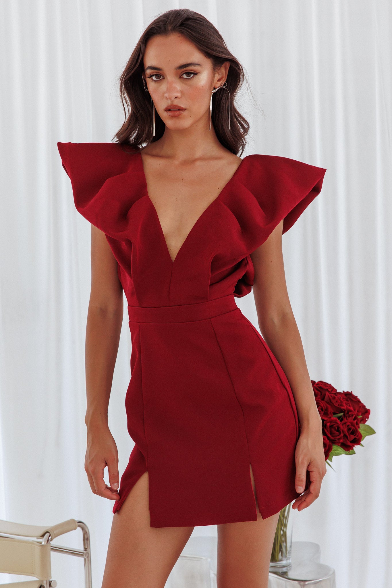 Shop the Liardon Bubble Sleeve V-Neckline Mini Dress Wine | Selfie Leslie