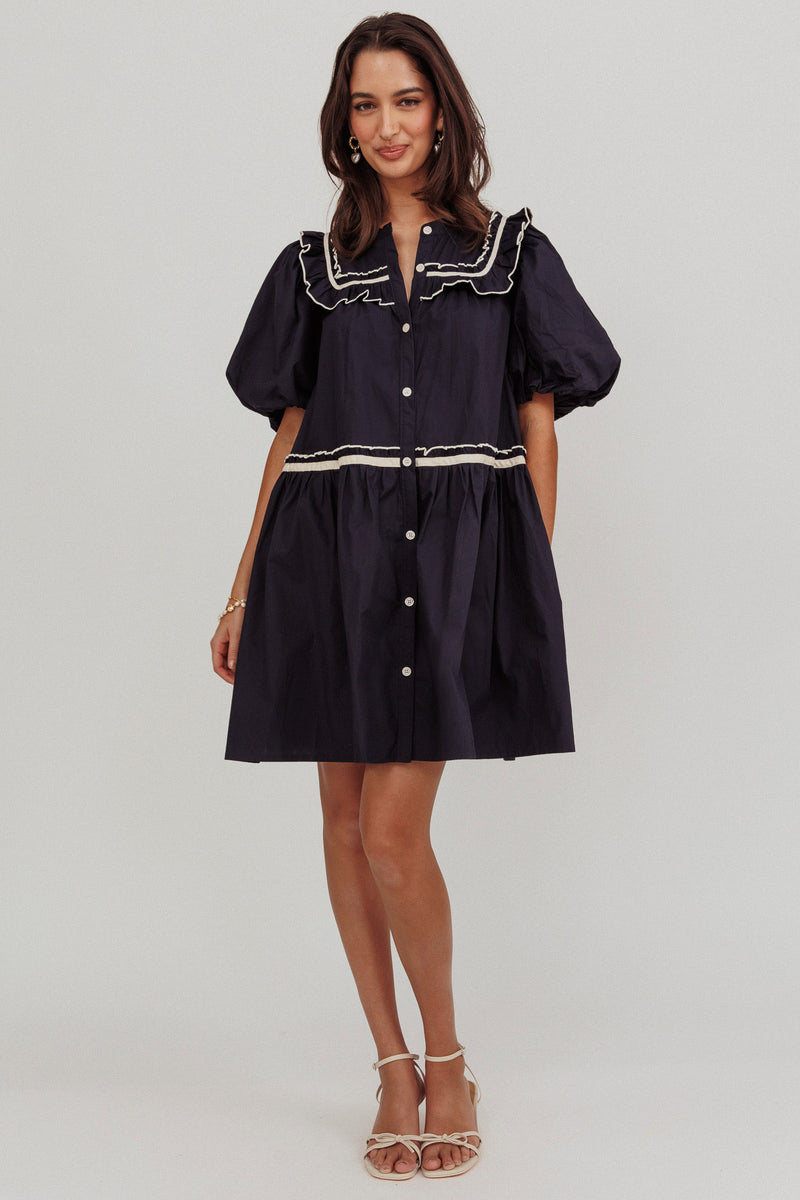 Shop the Late Spring Puff Sleeves Ruffle Mini Dress Navy