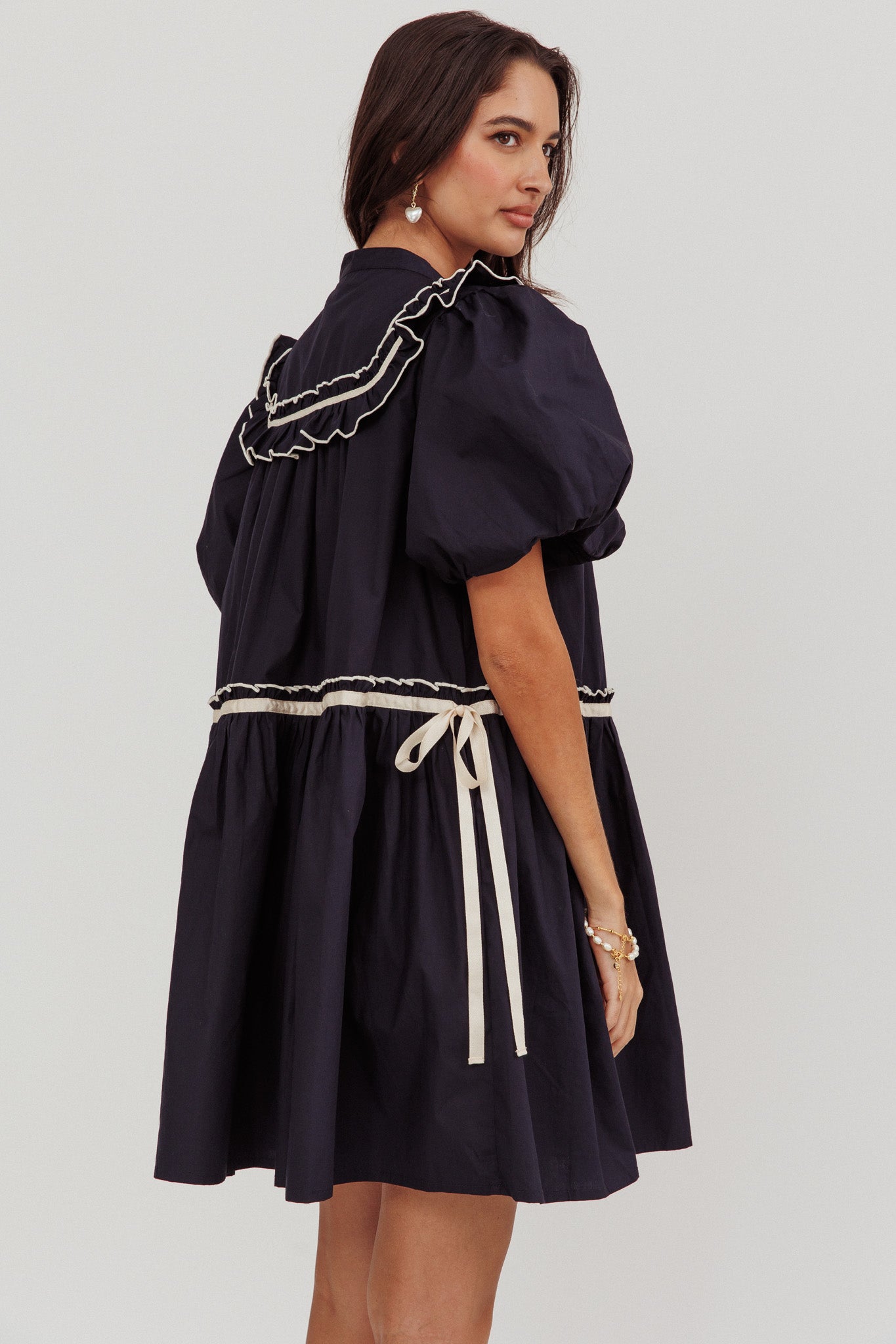 Shop the Late Spring Puff Sleeves Ruffle Mini Dress Navy