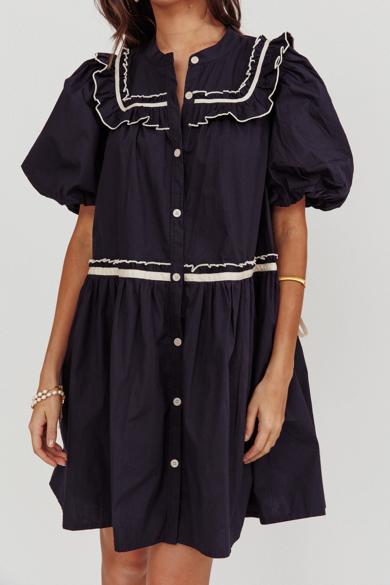 Shop the Late Spring Puff Sleeves Ruffle Mini Dress Navy