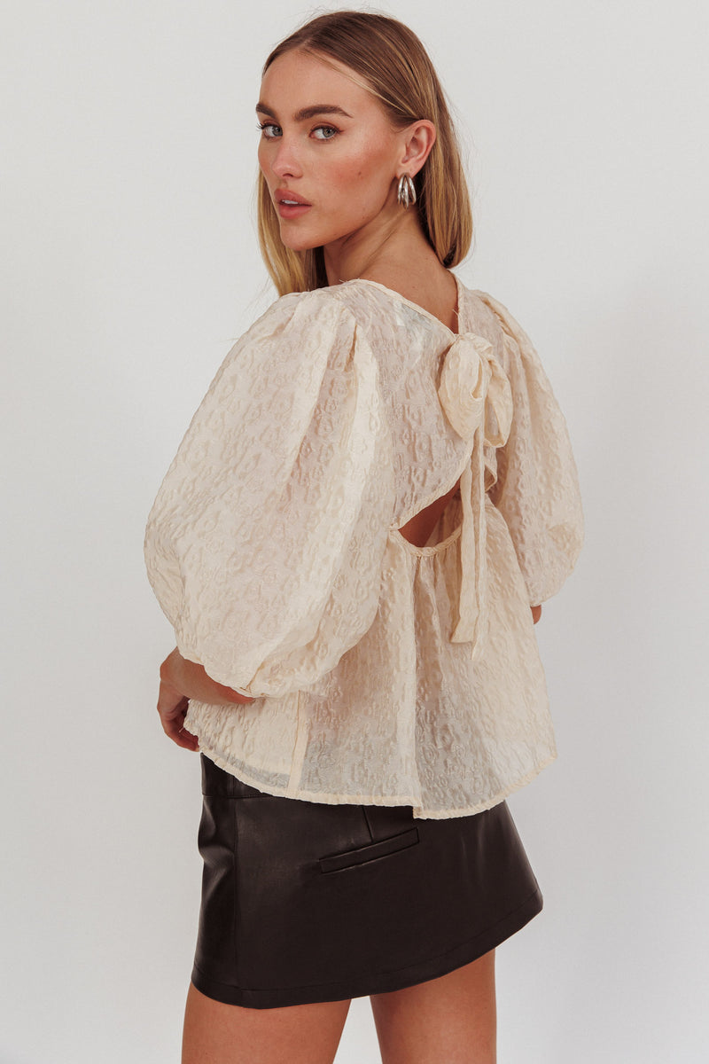Shop the Beside You Puff Sleeves Tied Back Top Cream