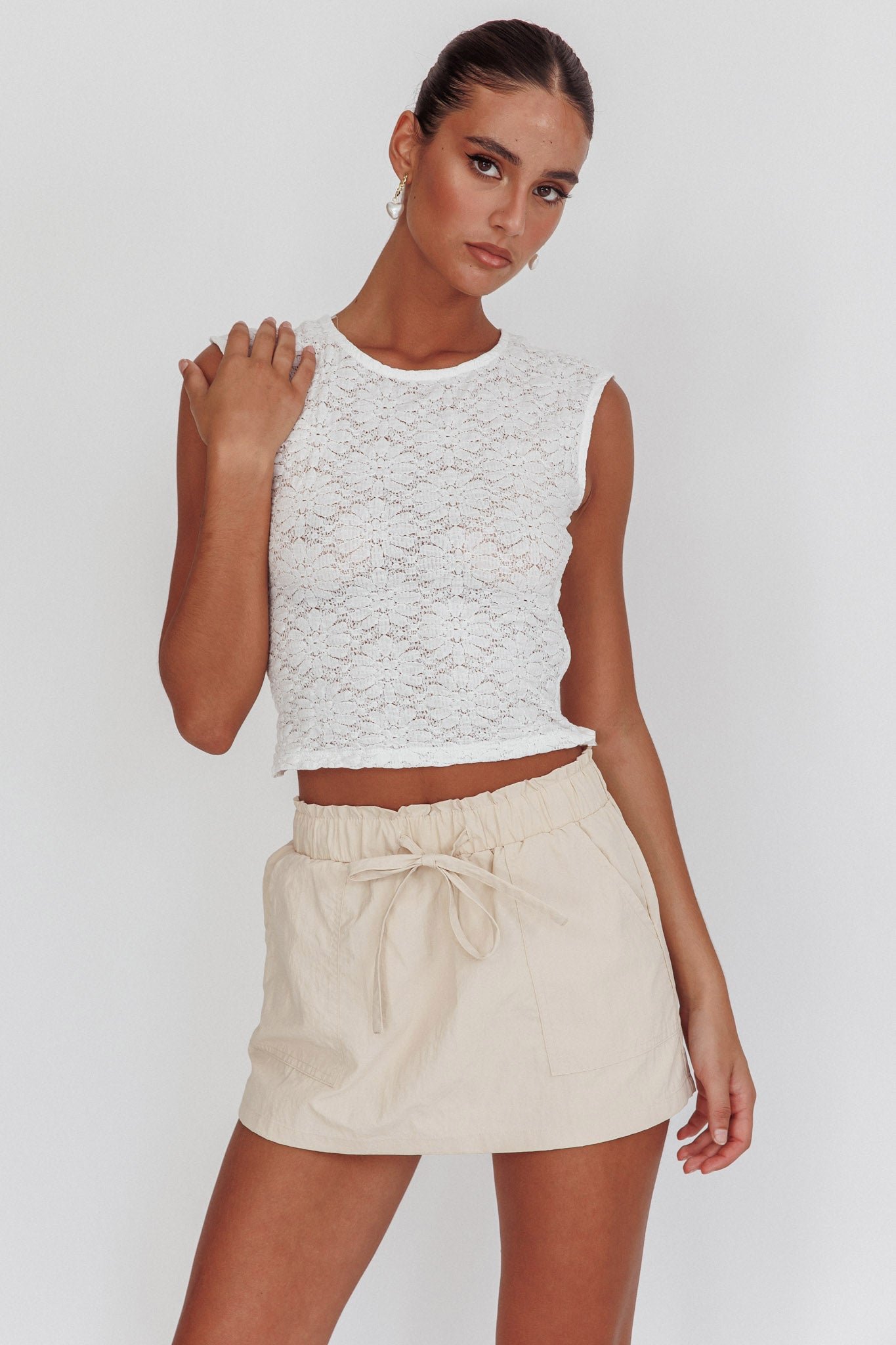 Shop the Eka Drawstring Mini Skort Cream | Selfie Leslie