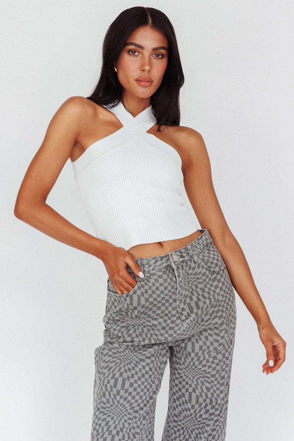 Kansas Crossover Neck Knit Top White | Selfie Leslie