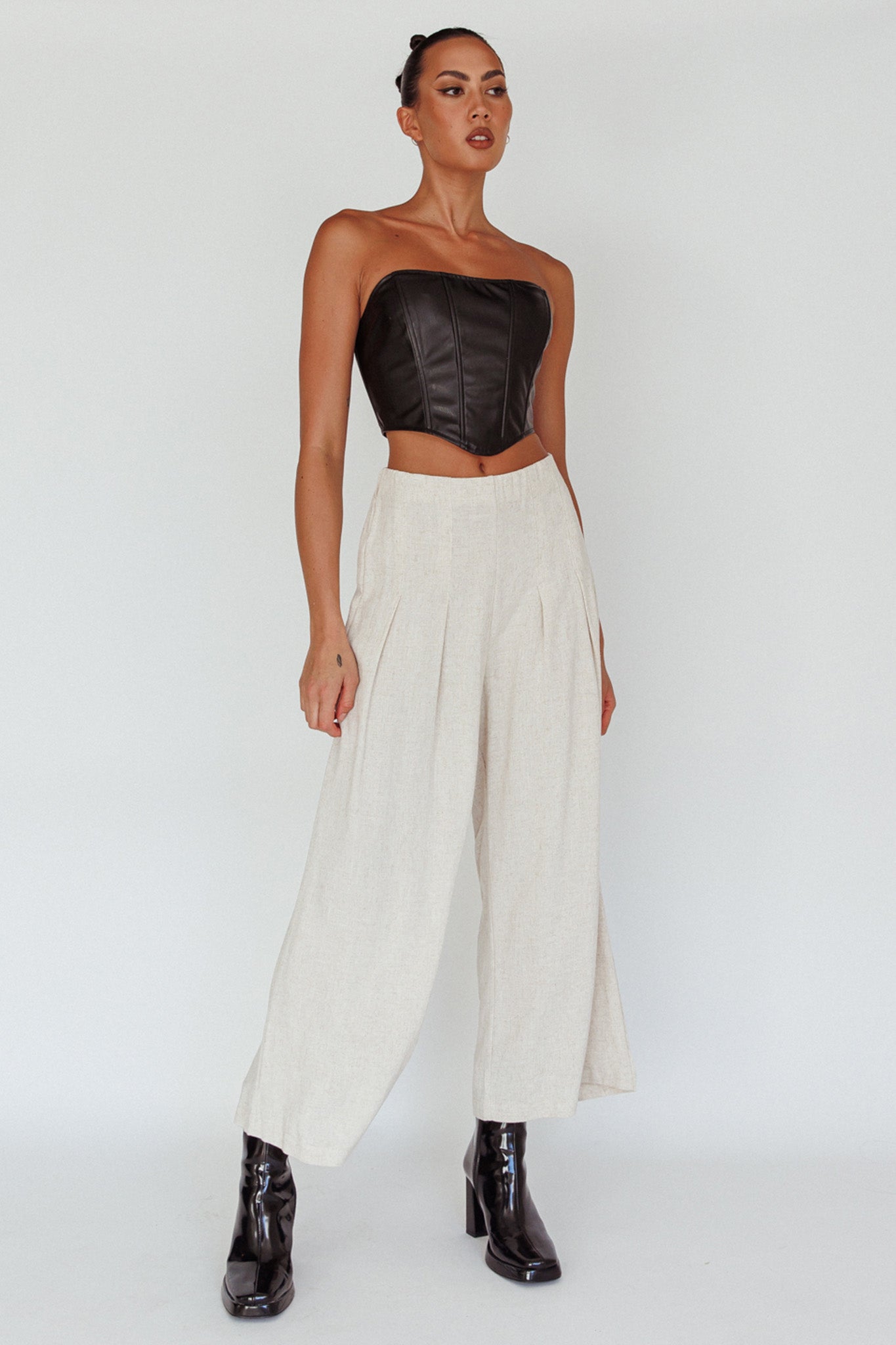 Shop the Backstage Pleated Wide Leg Pants Oat | Selfie Leslie