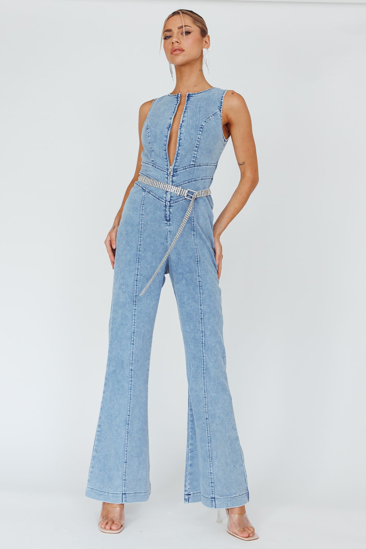 Teigan Heart Back Sleeveless Jumpsuit Light Denim | Selfie Leslie