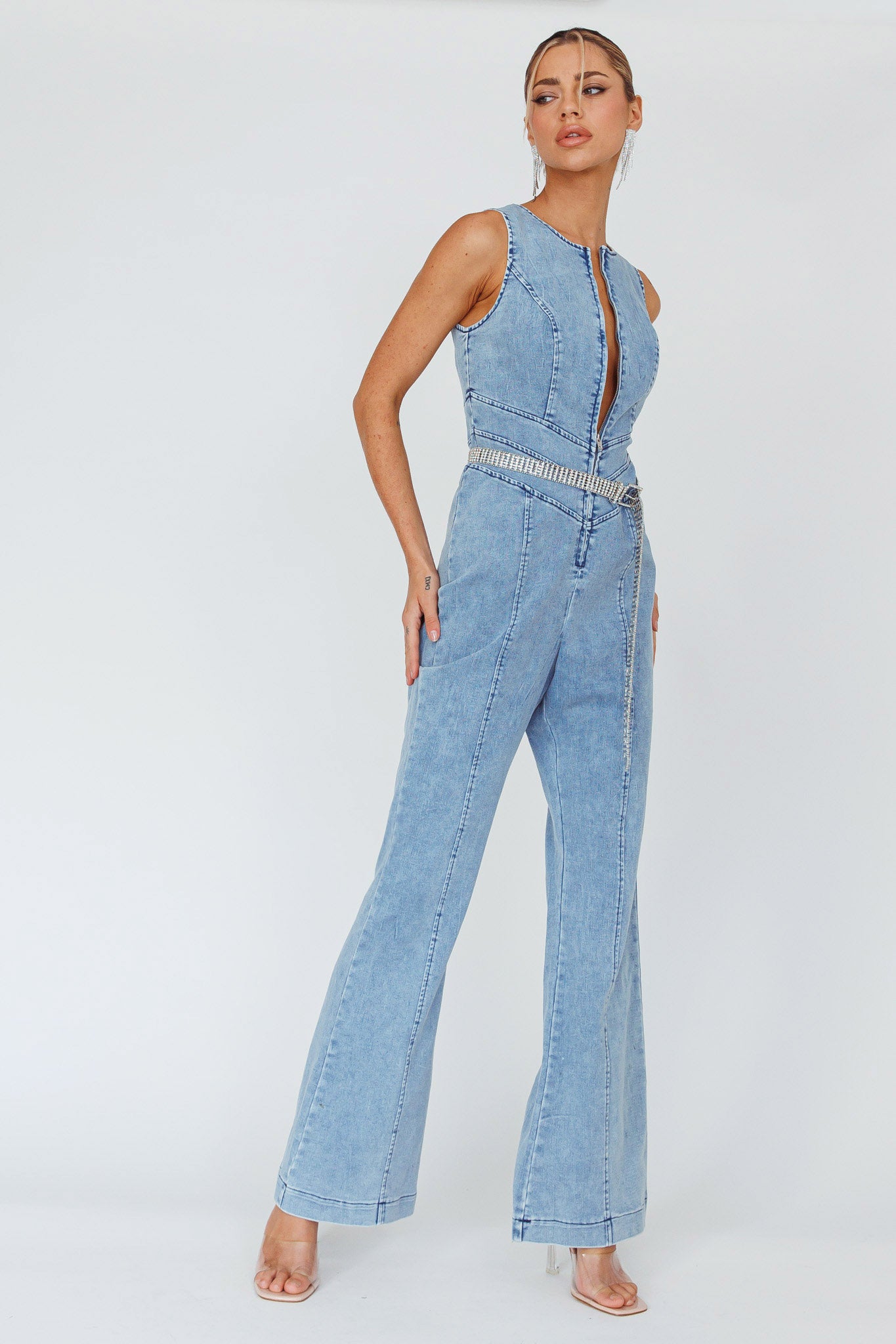 Teigan Heart Back Sleeveless Jumpsuit Light Denim | Selfie Leslie