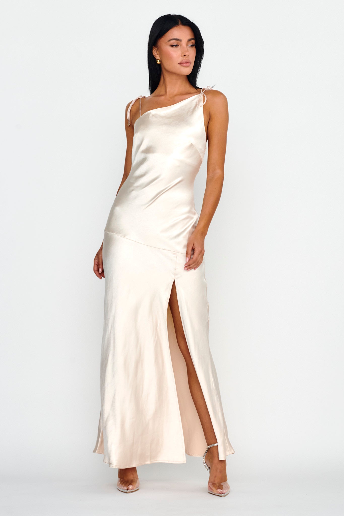 Shop the Heart's Desire String-Tie Shoulder Dress Champagne