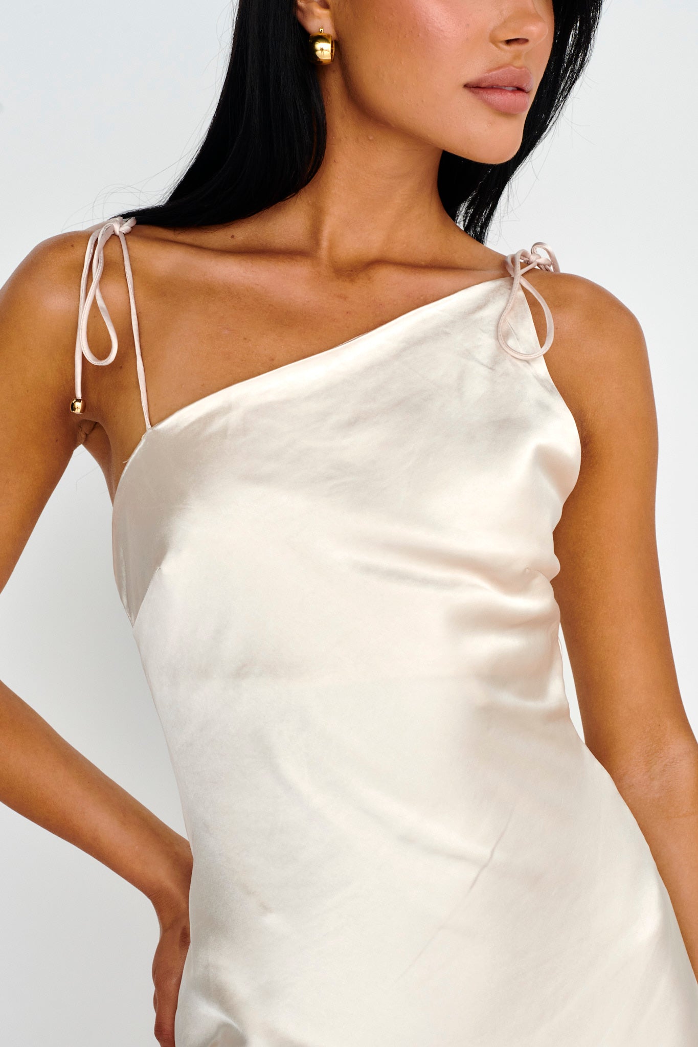 Shop the Heart's Desire String-Tie Shoulder Dress Champagne
