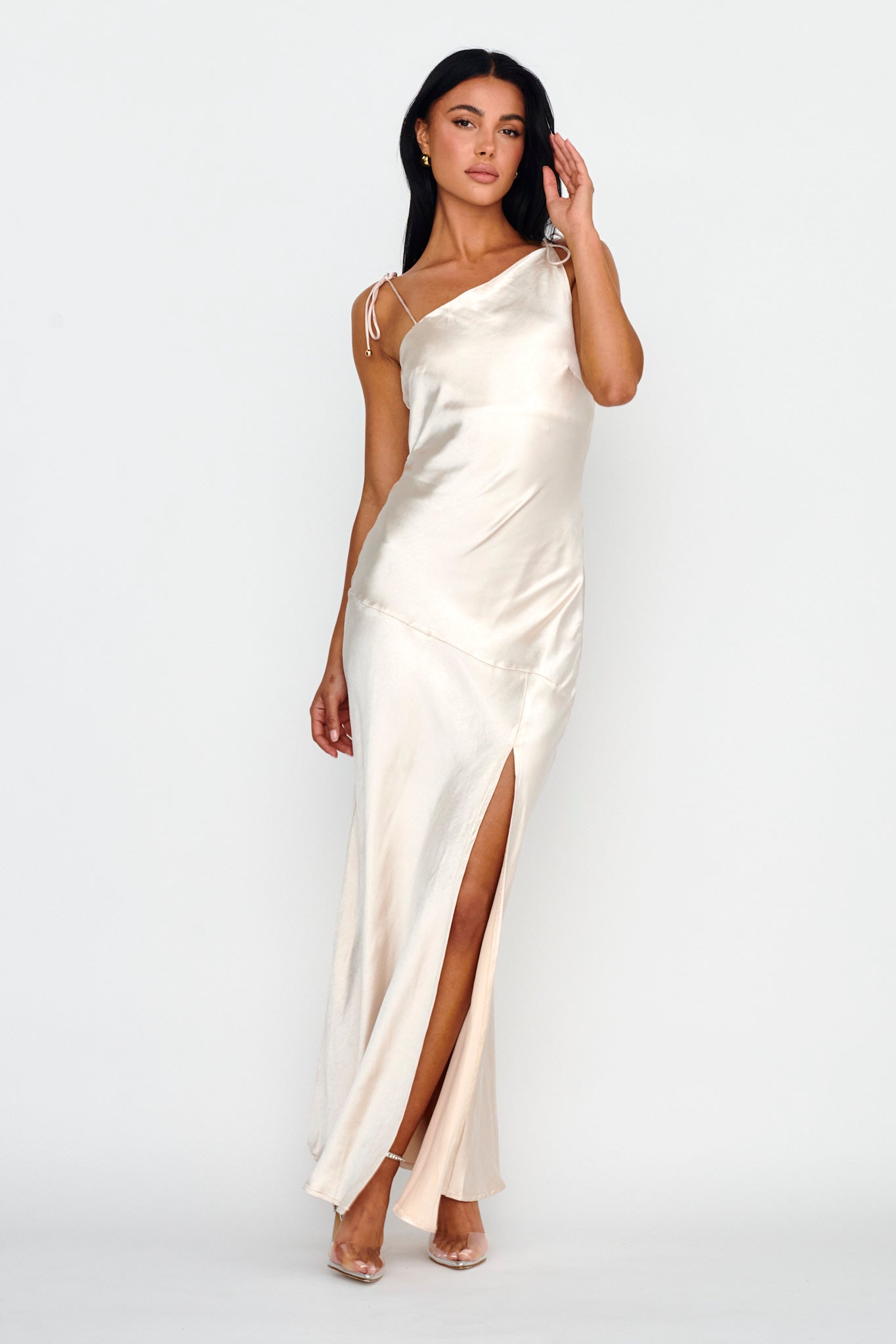 Shop the Heart's Desire String-Tie Shoulder Dress Champagne