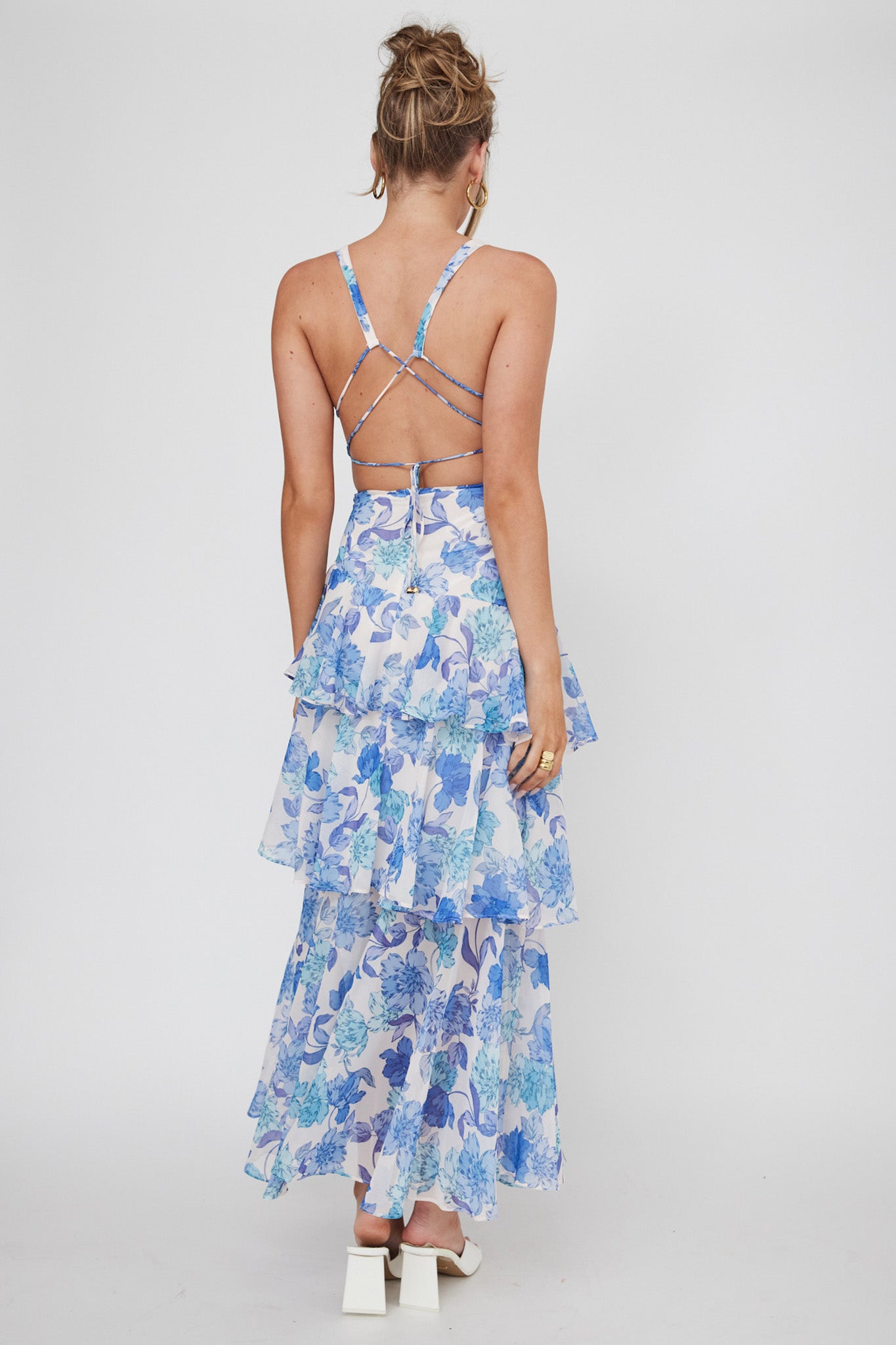 Shop the Veda Strappy Back Ruffle Midi Dress Floral Blue | Selfie Leslie